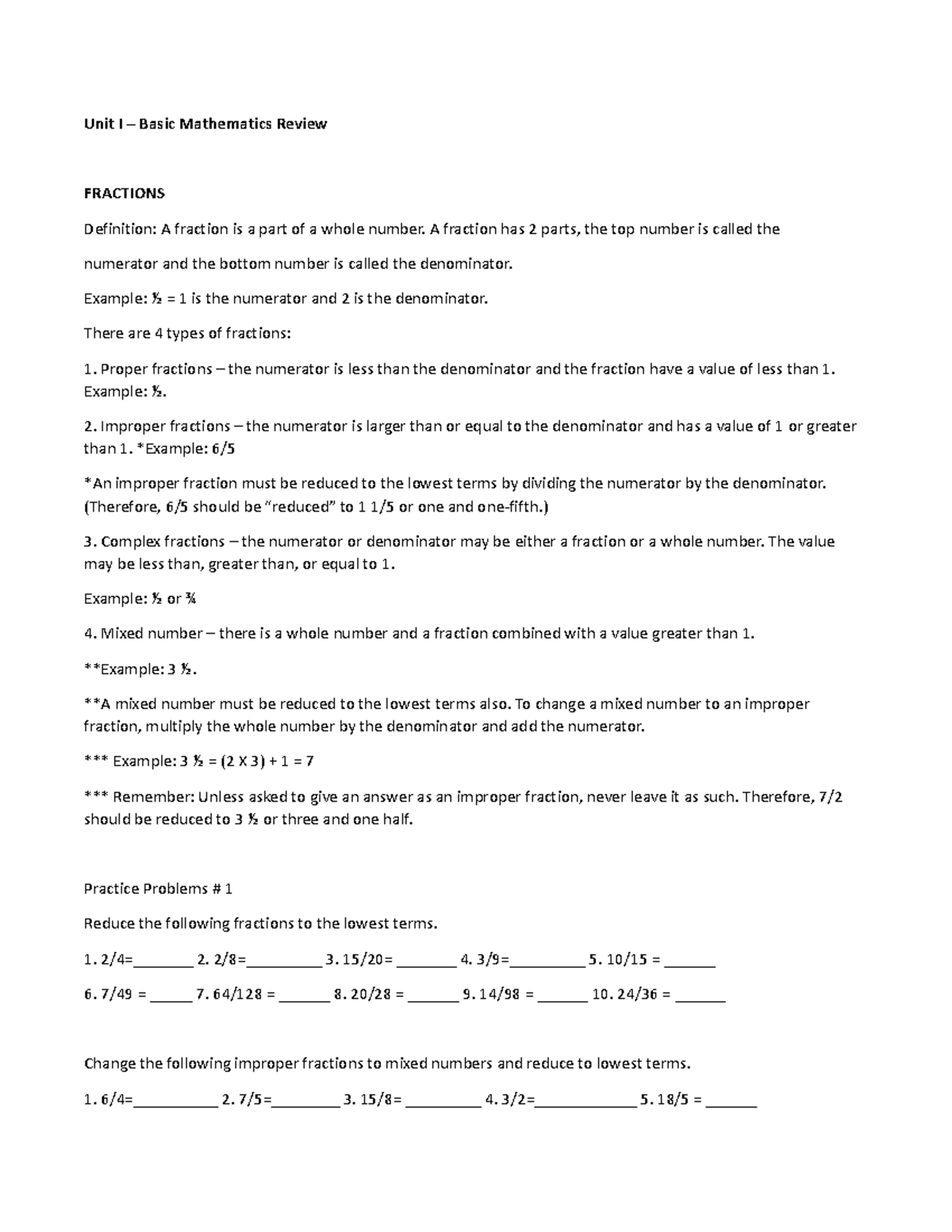Med Math Packet - medication math - Unit I – Basic Mathematics Review ...