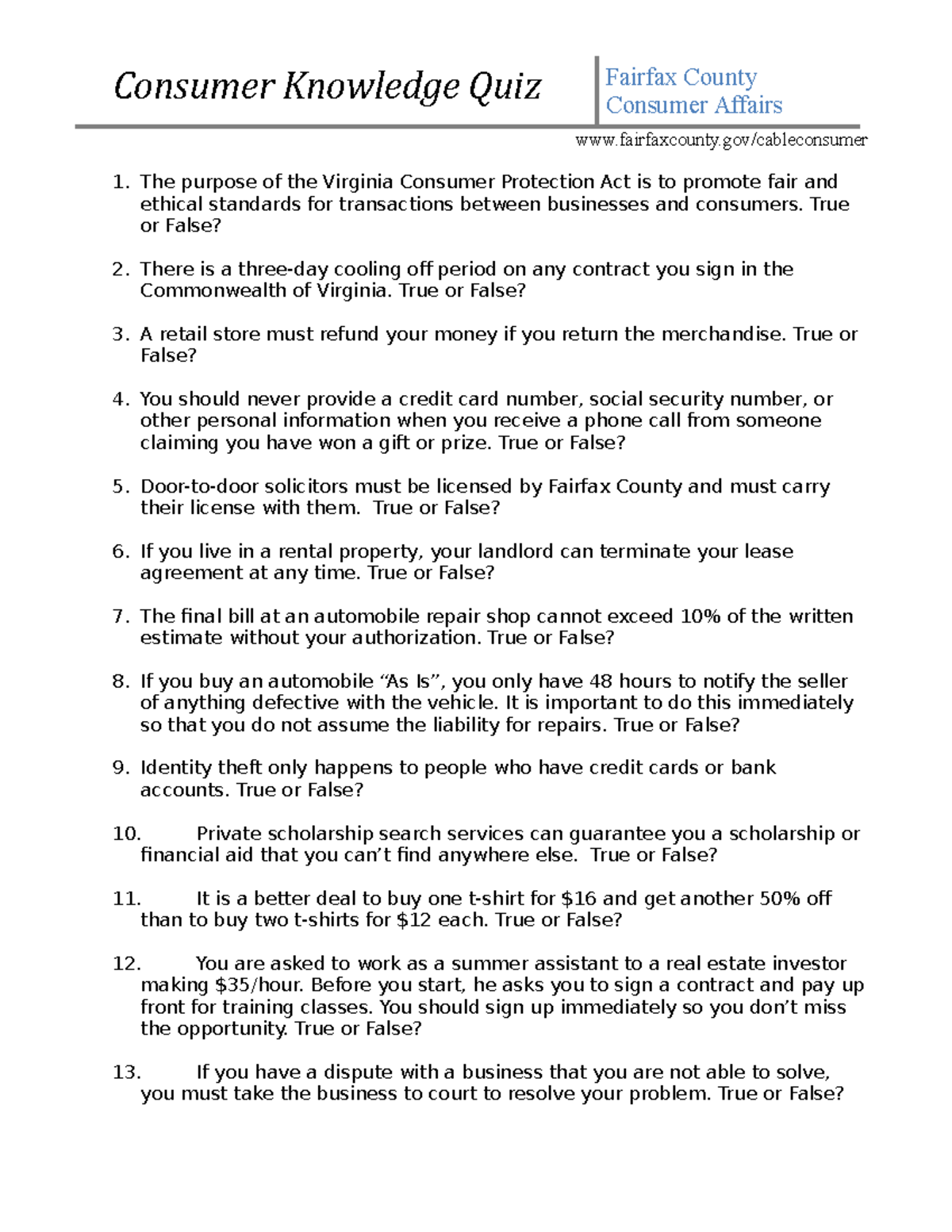 Quiz 2020, questions - Consumer Knowledge Quiz Fairfax County Consumer ...