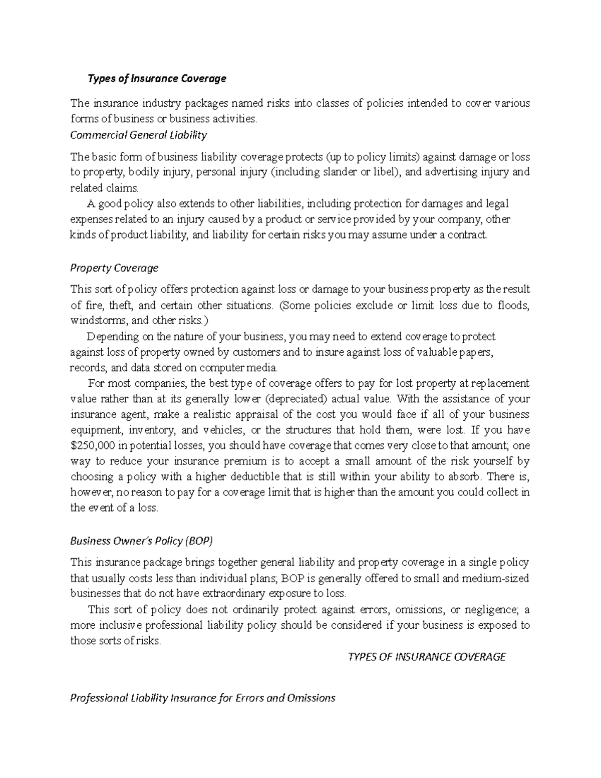 Types of Insurance Coverage - Commercial General Liability The basic ...