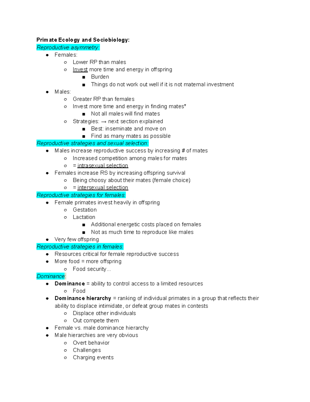 Anth 101 Detailed Notes 10 18 Primate Ecology And Sociobiology Reproductive Asymmetry