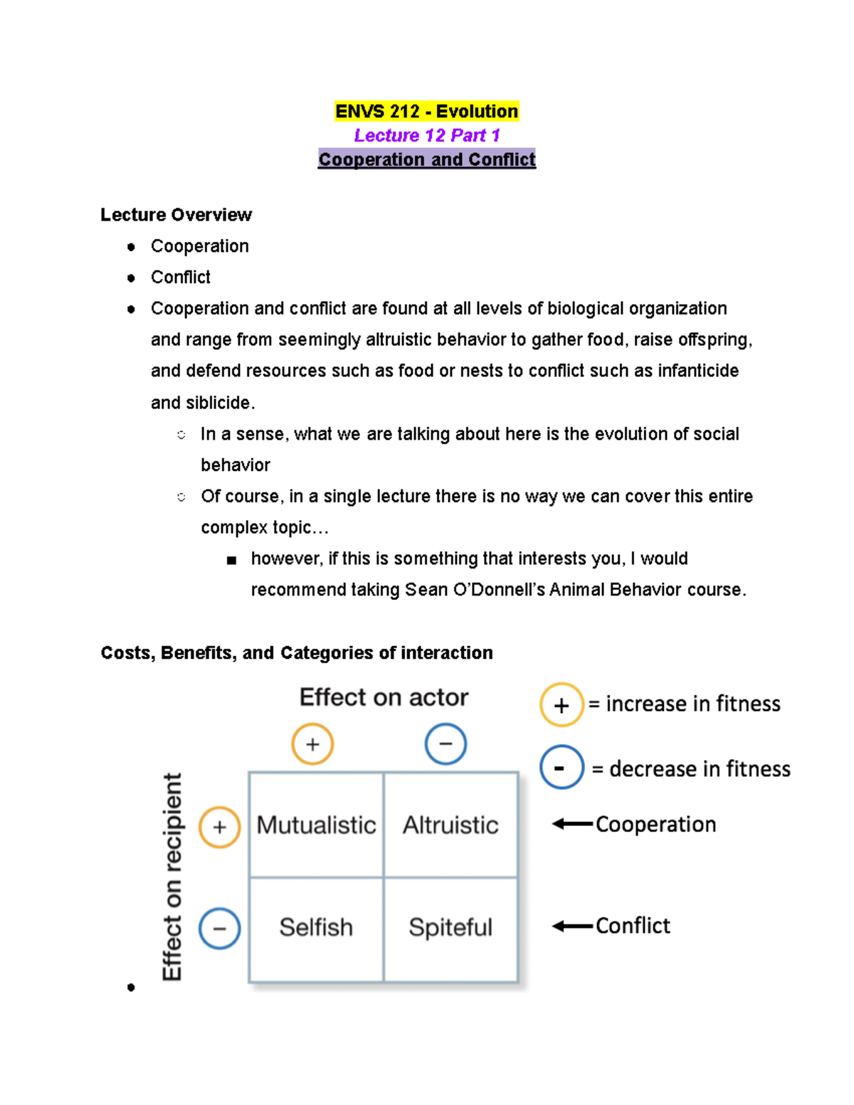 ENVS 212 Lecture 12 Part 1 - Spring 2020 - ENVS 212 - Evolution Lecture 12 Part 1 Cooperation ...