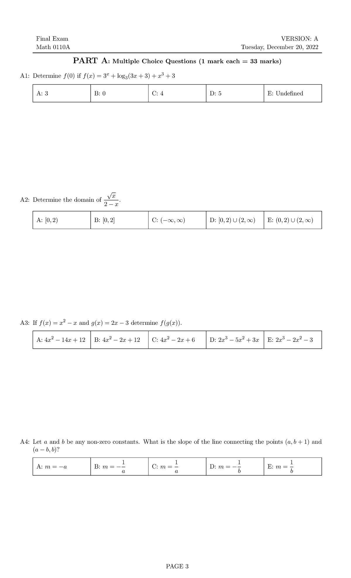2022 Final Exam - math - Final Exam Math 0110A VERSION: A Tuesday ...