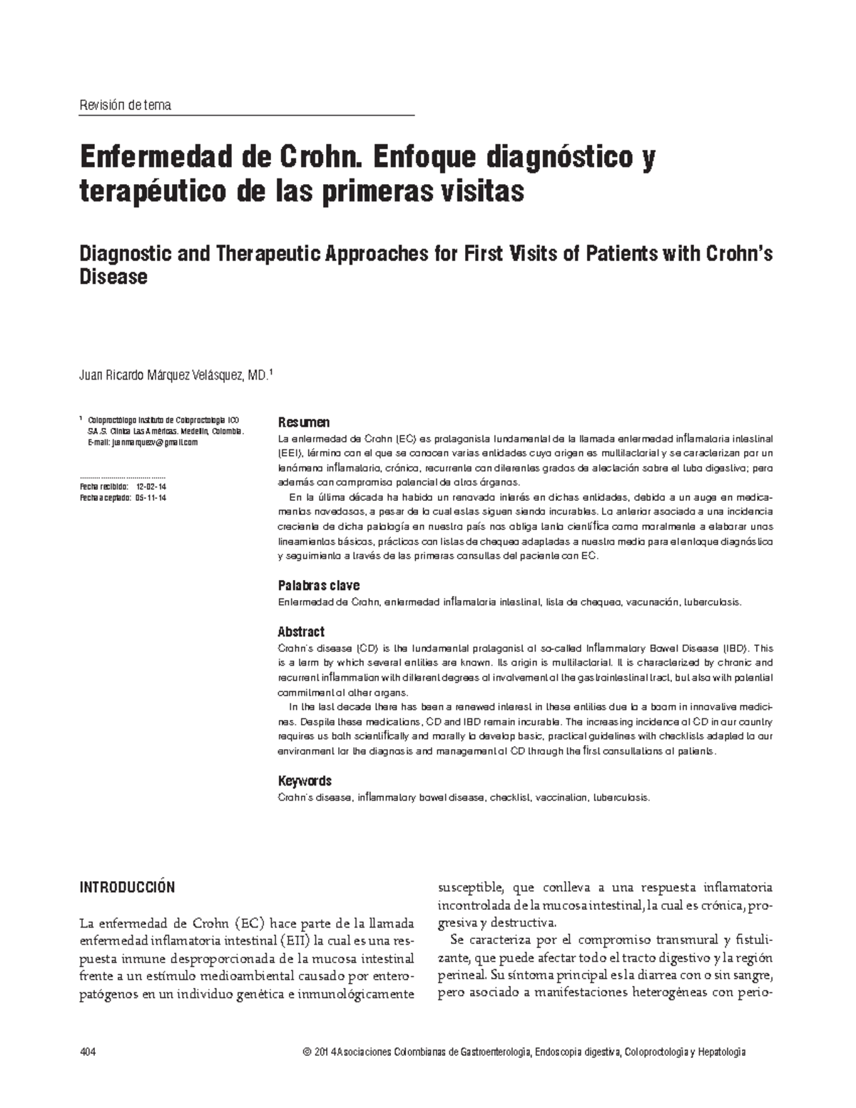 Enfermedad de Crohn - RESUMEN - 404 © 2014 Asociaciones Colombianas de GastroenterologÌa ...