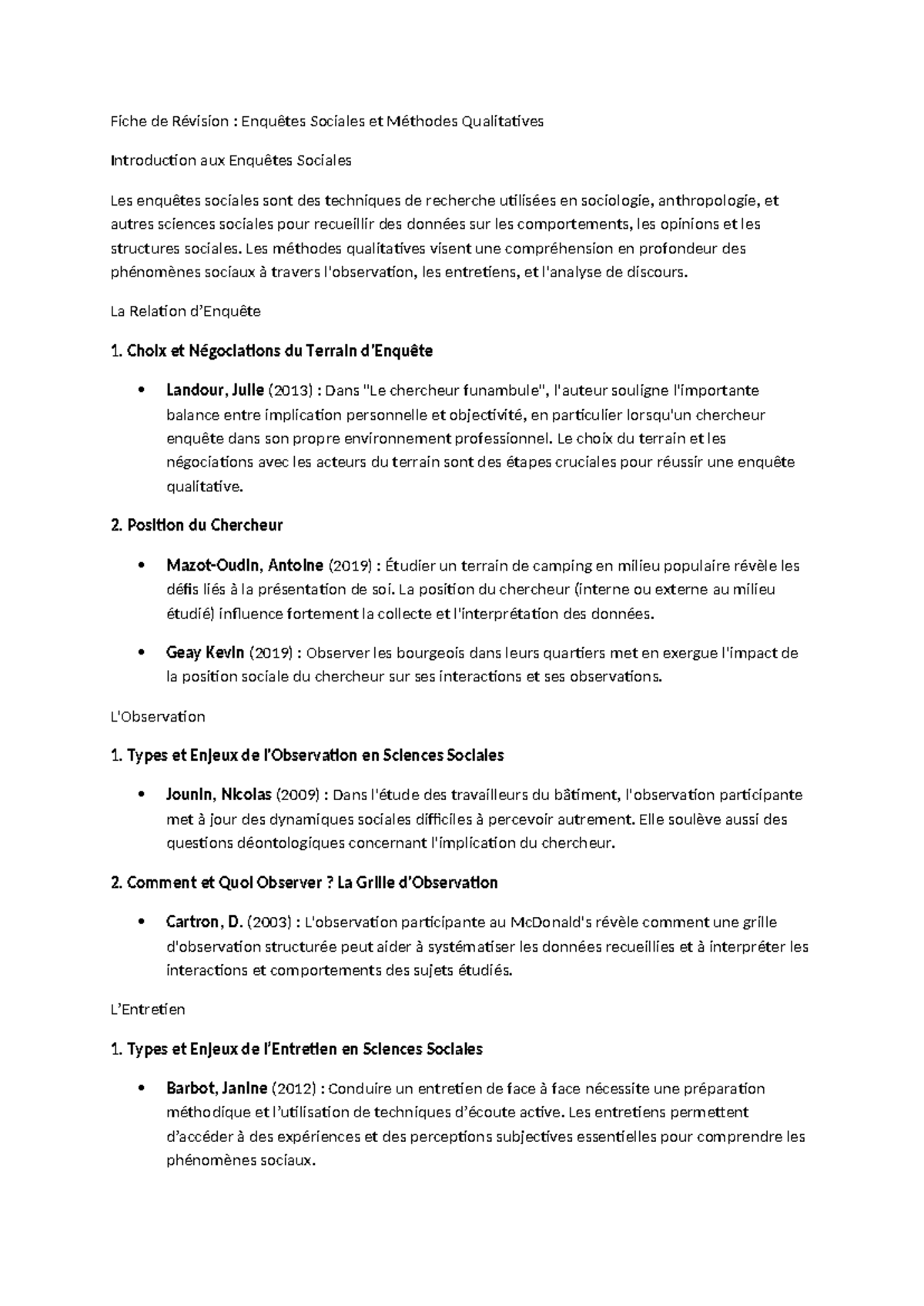 Fiche de Révision enquete qualitative - Fiche de Révision : Enquêtes ...