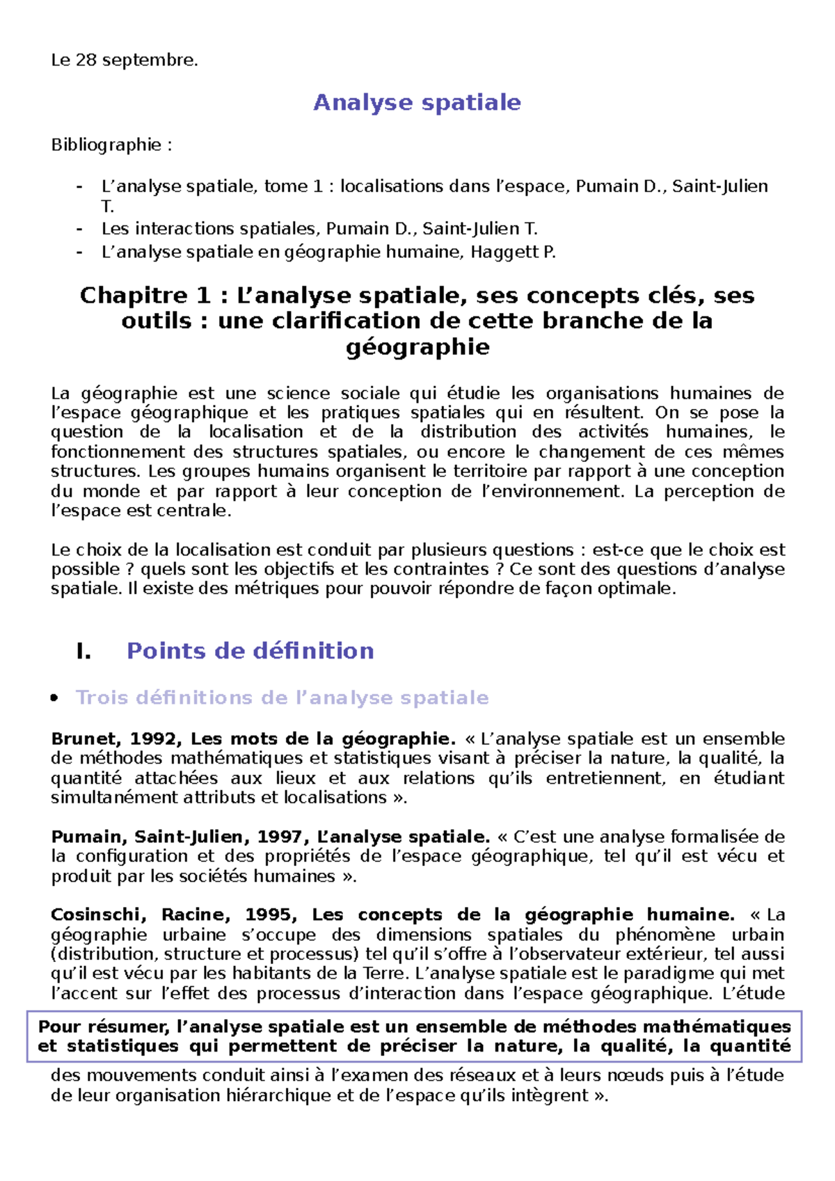 CM Analyse Spatiale - Le 28 septembre. Analyse spatiale Bibliographie : - L’analyse spatiale ...
