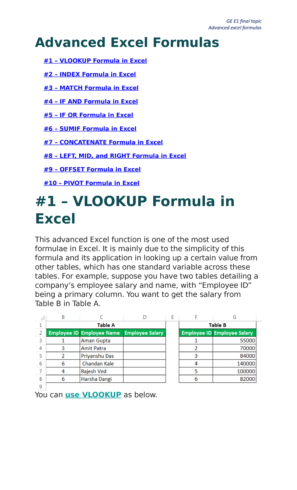 Advance Excel Formulas Advanced Excel Formulas Advanced Excel