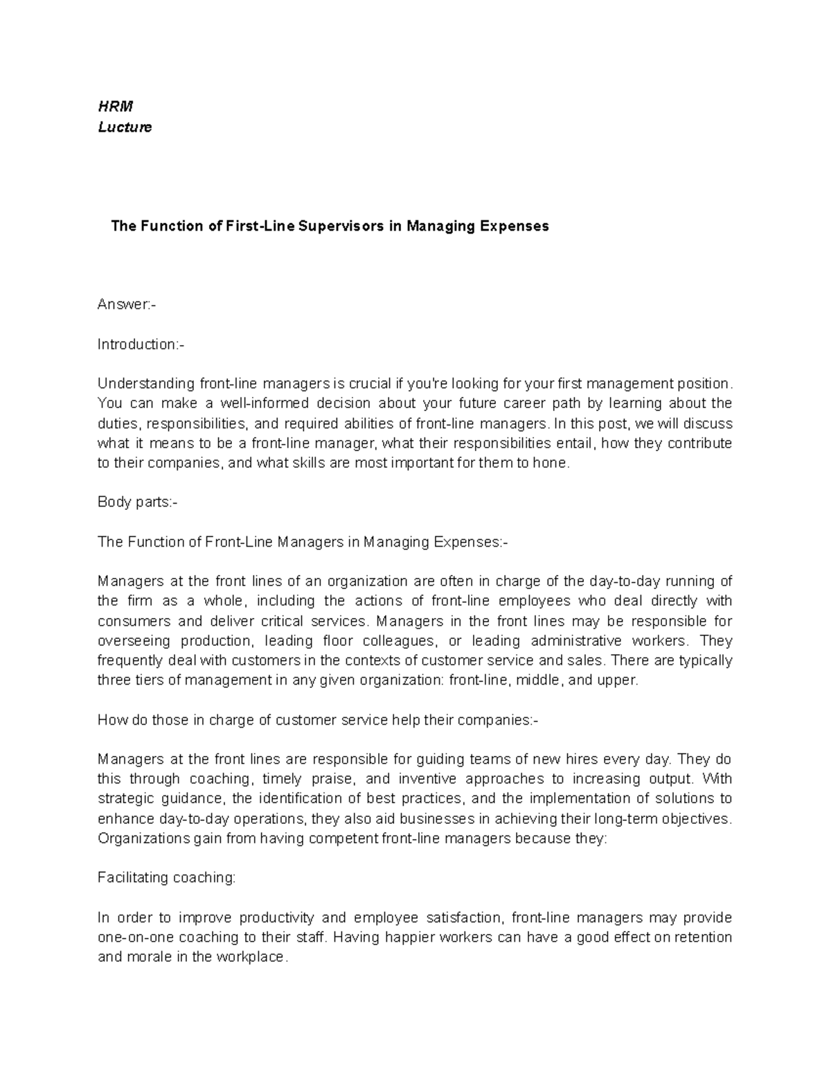 The Function of First Line Supervisors in Managing Expenses - HRM ...