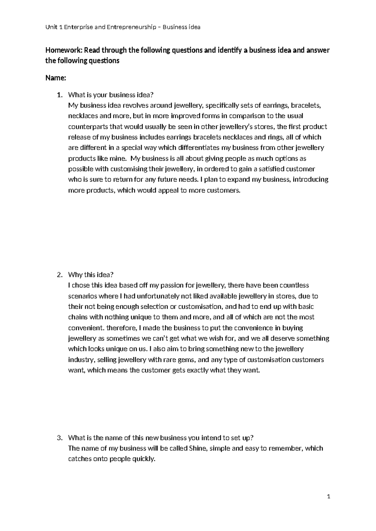 Unit 1c Introduction task jewelry - Unit 1 Enterprise and ...