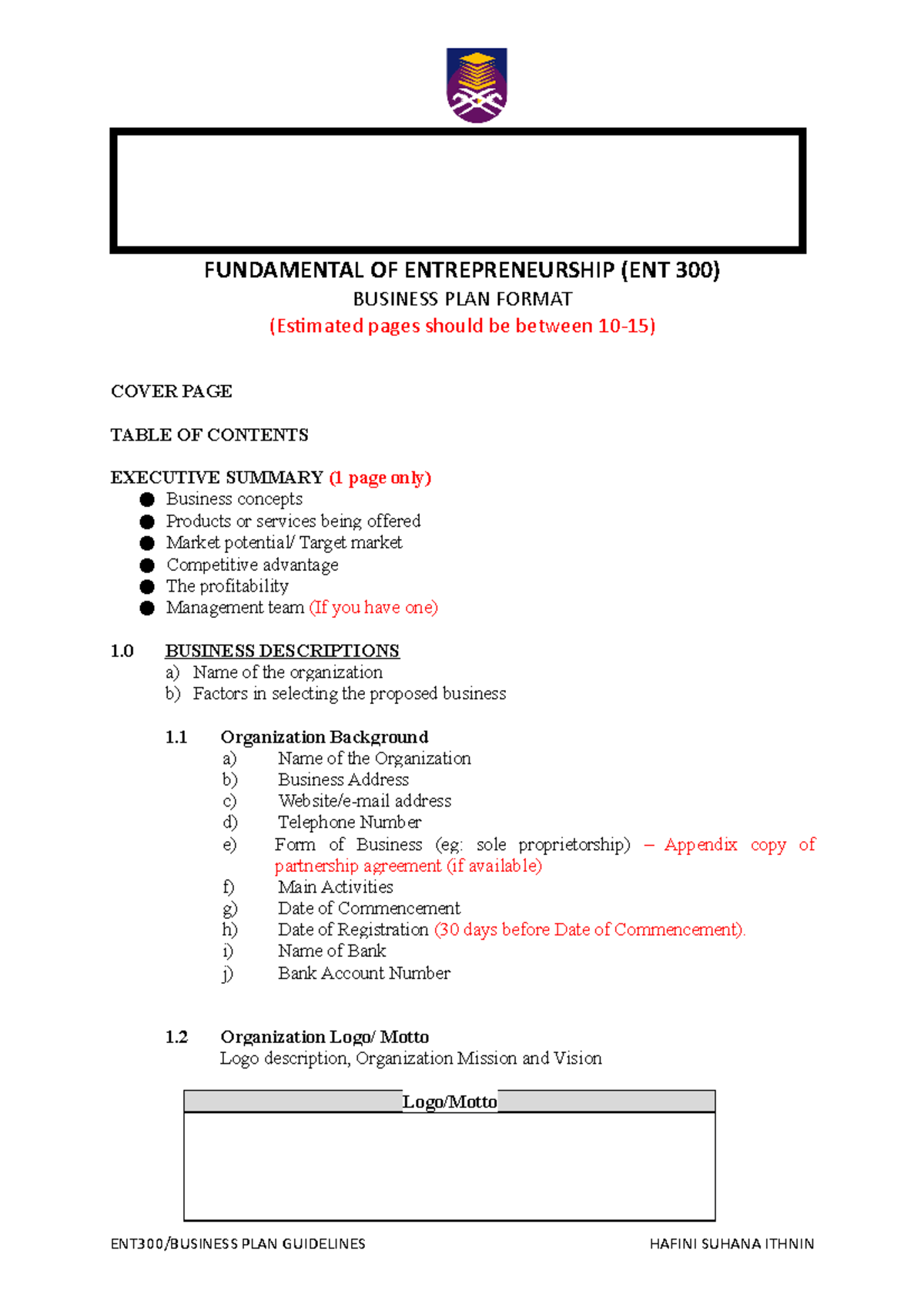 Business PLAN Guidelines - FUNDAMENTAL OF ENTREPRENEURSHIP (ENT 300 ...