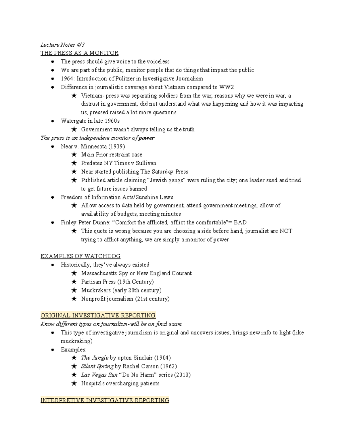 Journalism notes - Lecture Notes 4/ THE PRESS AS A MONITOR The press ...