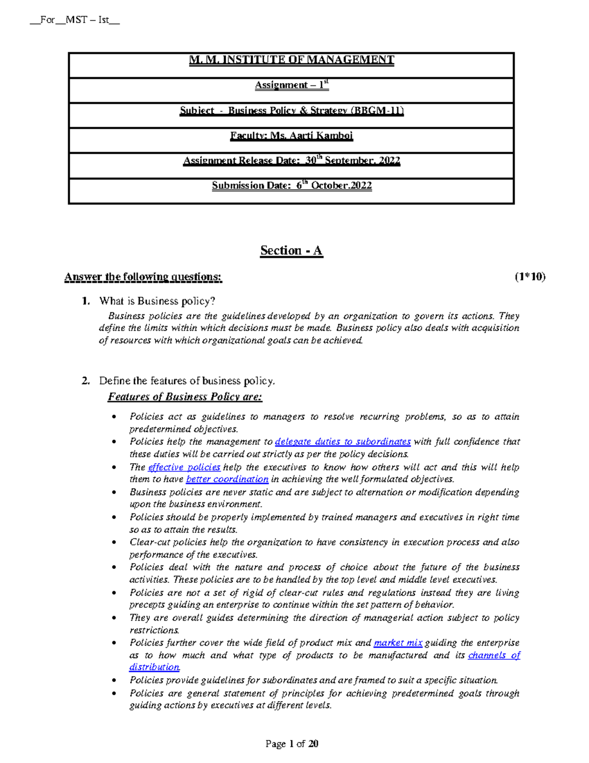 A.BBGM-11 - M. M. INSTITUTE OF MANAGEMENT Assignment – 1 st Subject ...