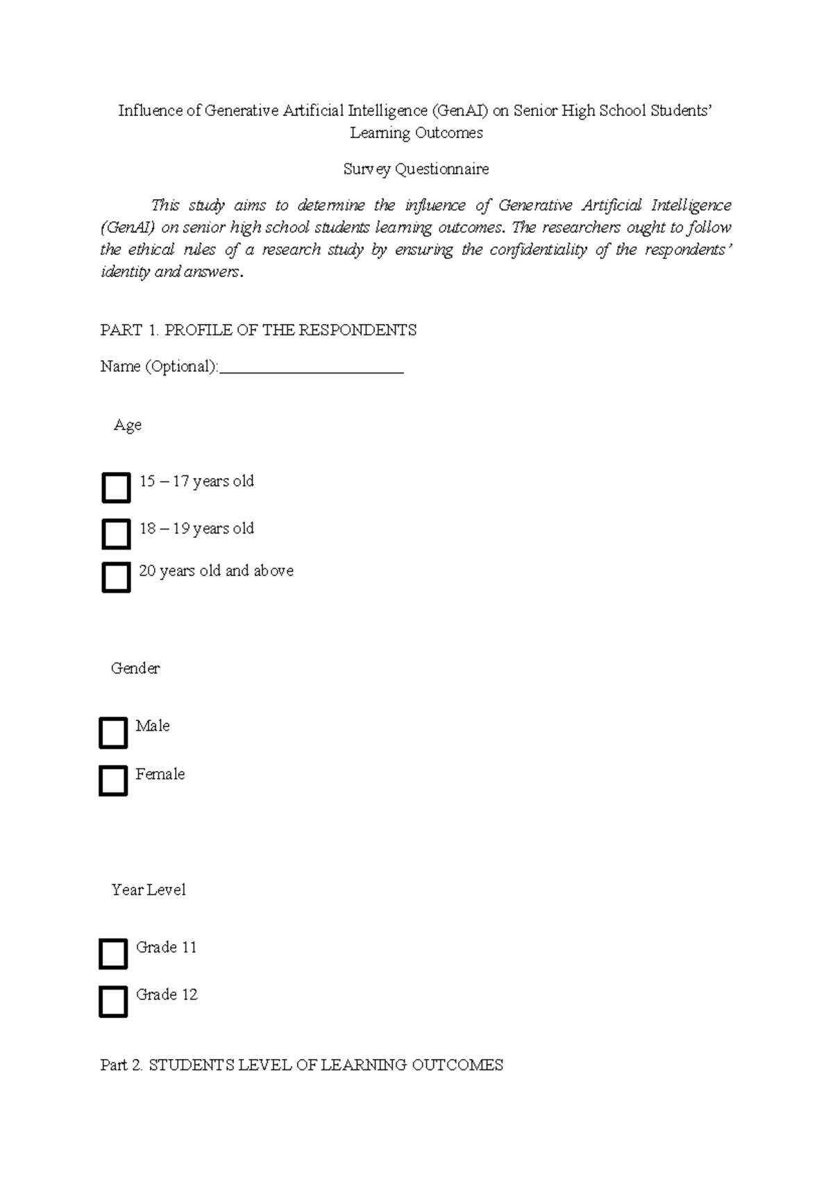Research Survey Questionnaire-1 095332 - Influence of Generative ...