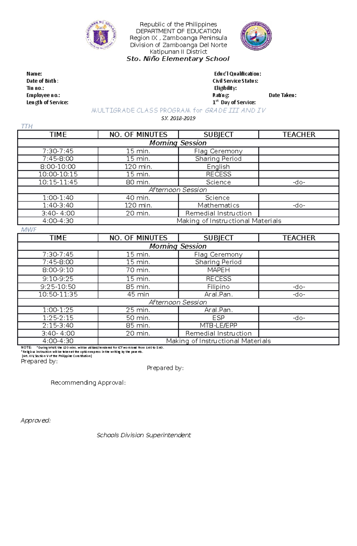 Sample MG Class Program Grade 3 AND 4 - Republic of the Philippines DEPARTMENT OF EDUCATION ...