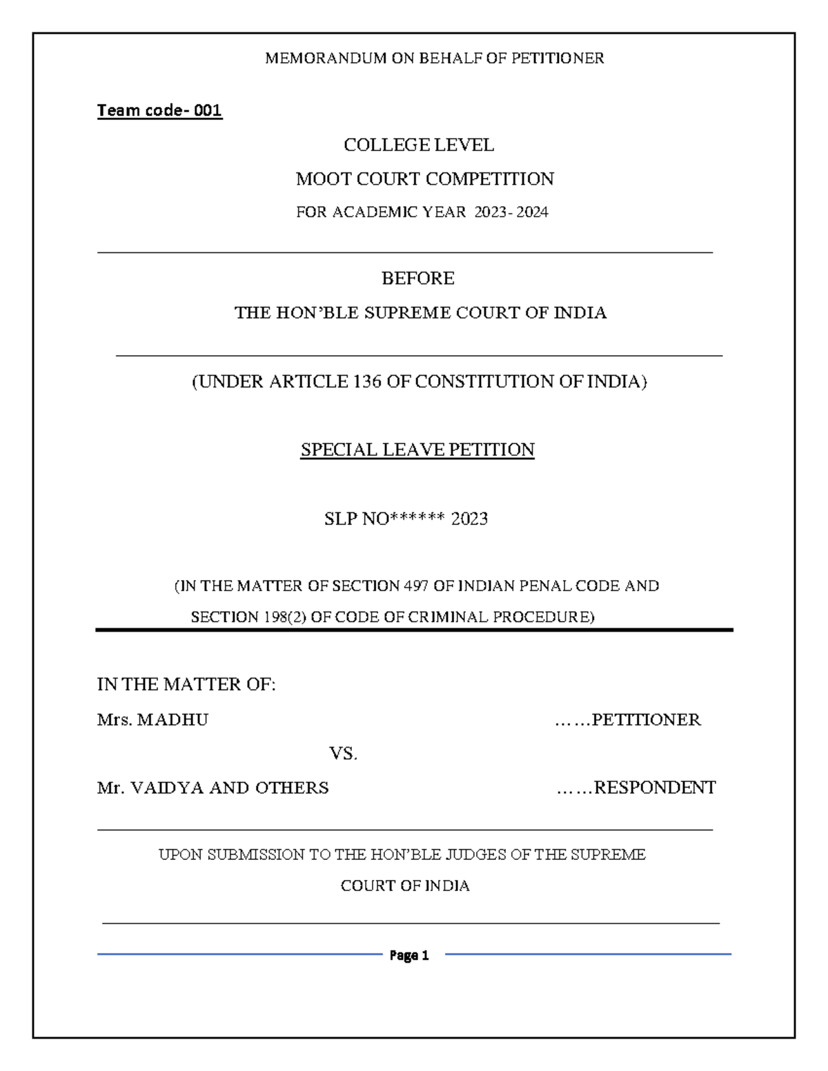 Moot memo - Team code- 001 COLLEGE LEVEL MOOT COURT COMPETITION FOR ...