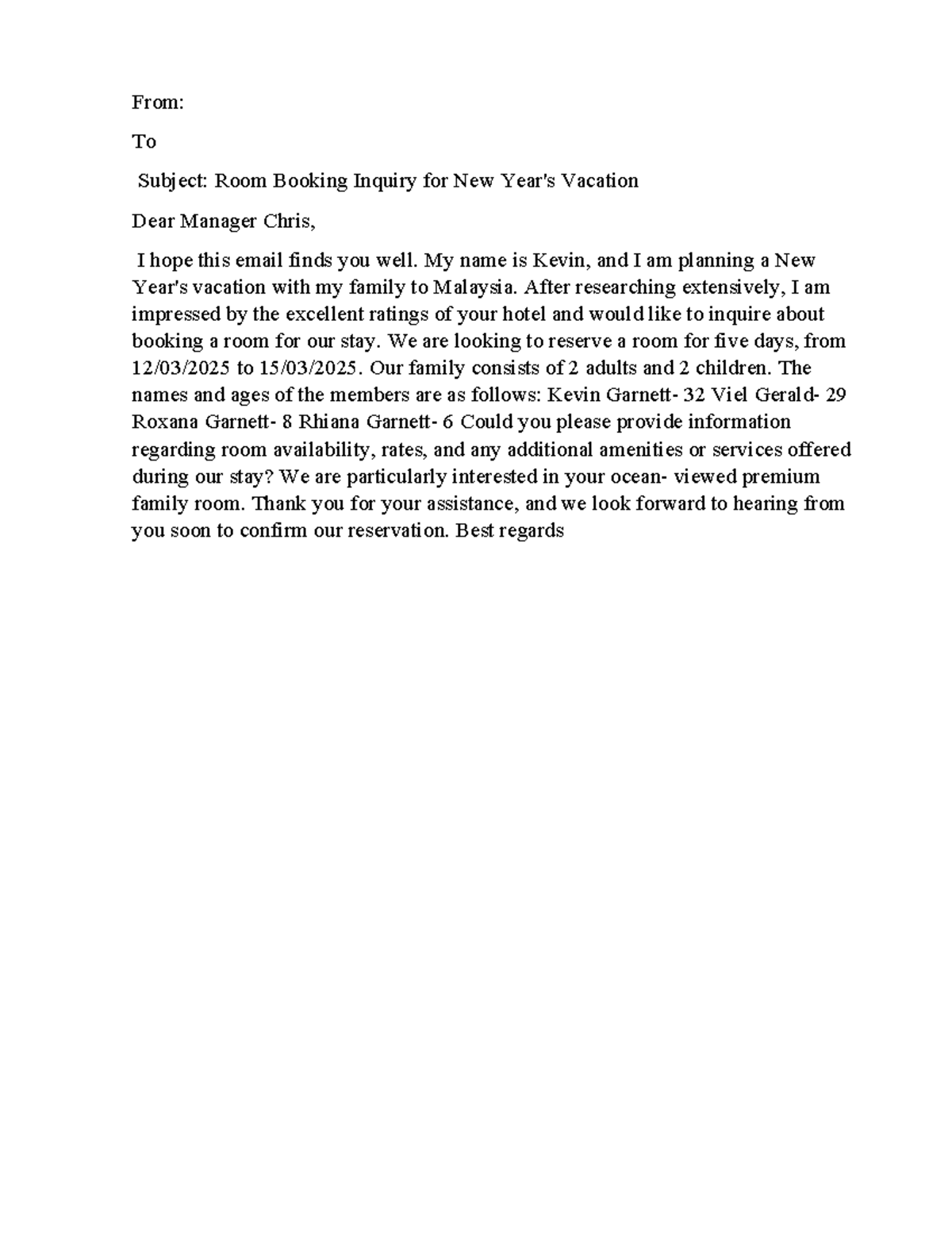 Mẫu - writting email - From: To Subject: Room Booking Inquiry for New ...