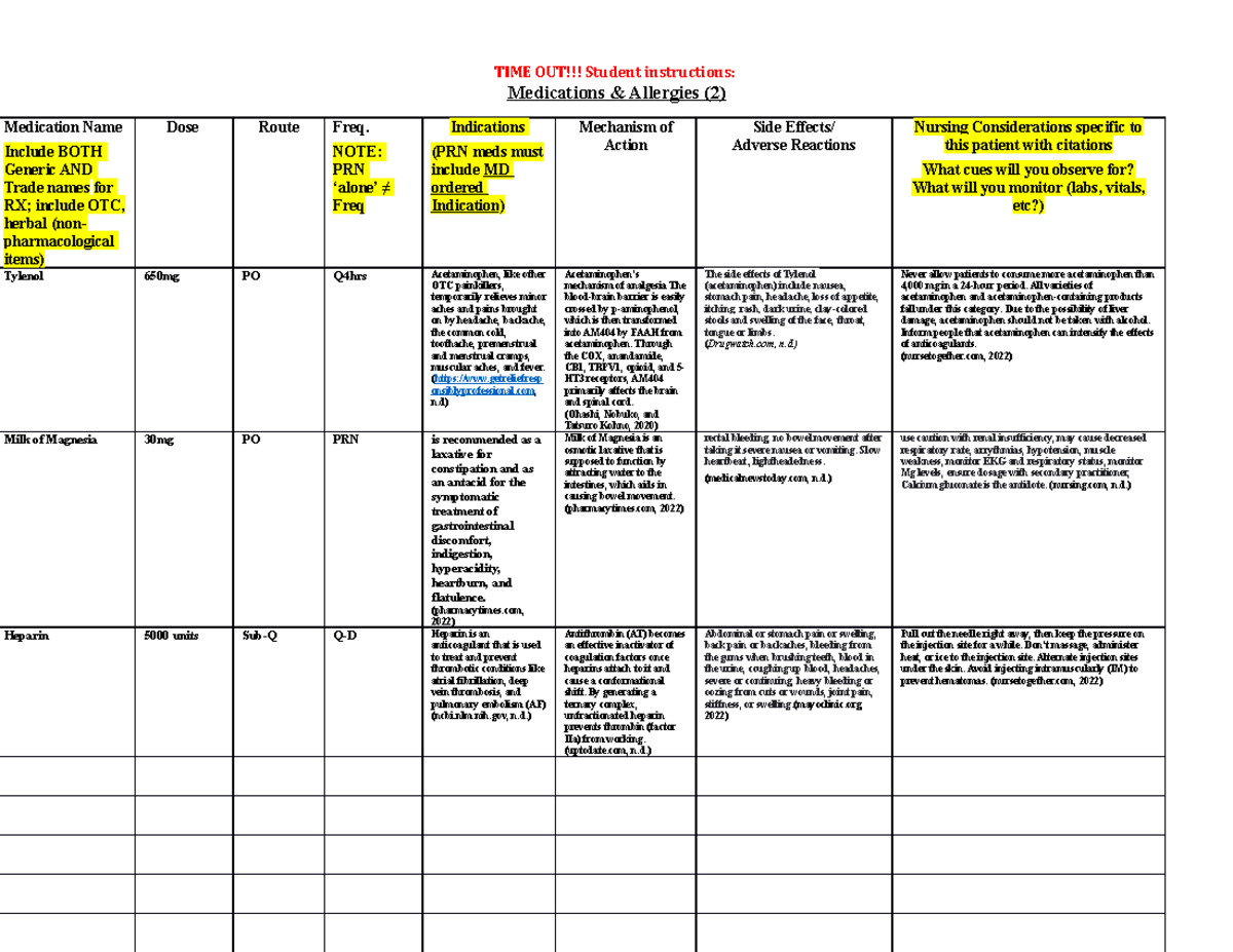 Med sheet - note - TIME OUT!!! Student instructions: Medications ...