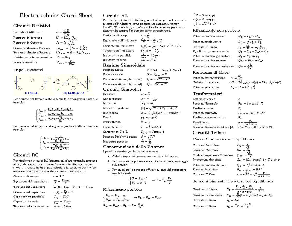 Cheat sheet - Summary Fondamenti di Elettrotecnica ed Elettronica ...