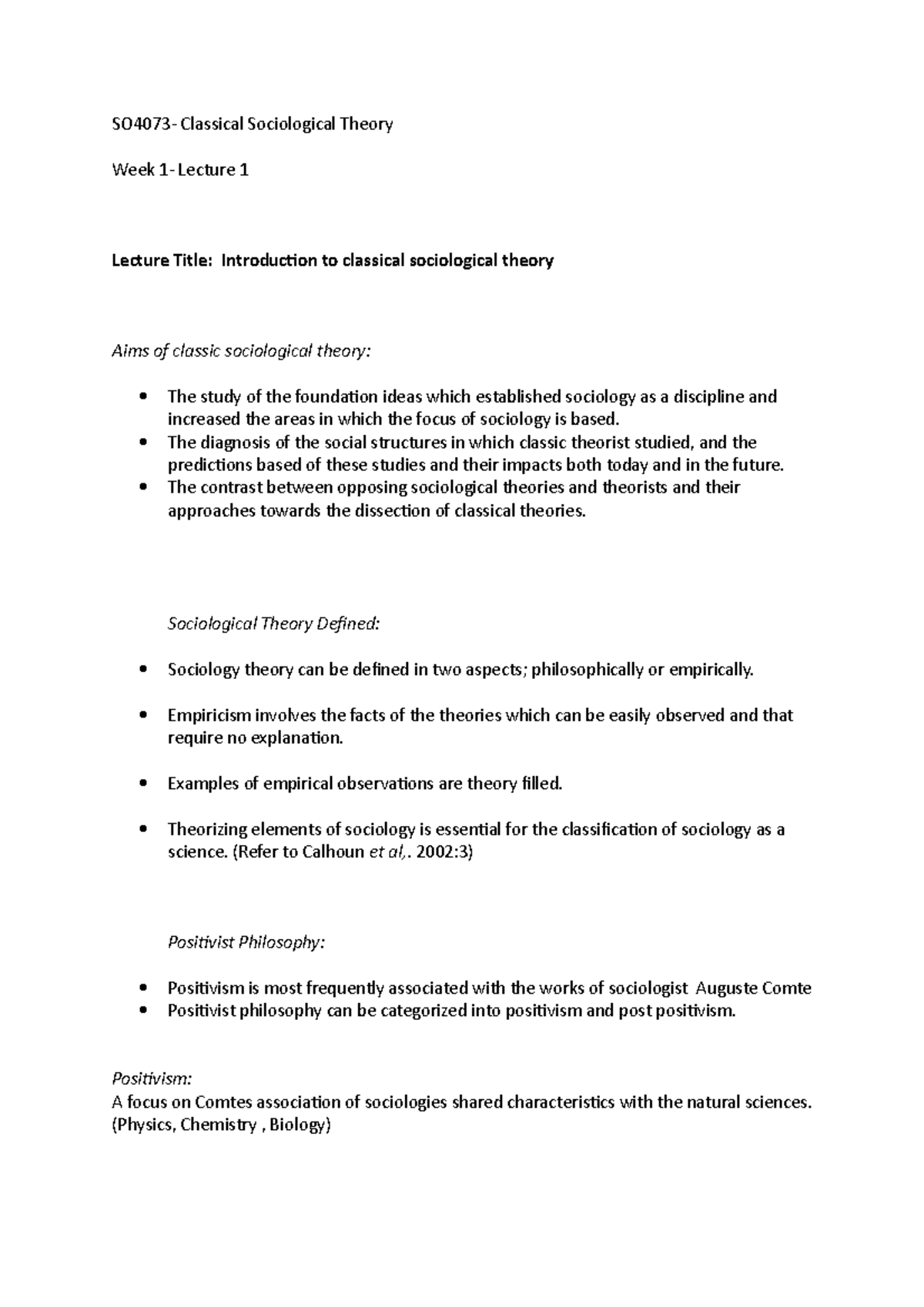SO4073- Notes - Introductory Lecture on classical sociological theory ...