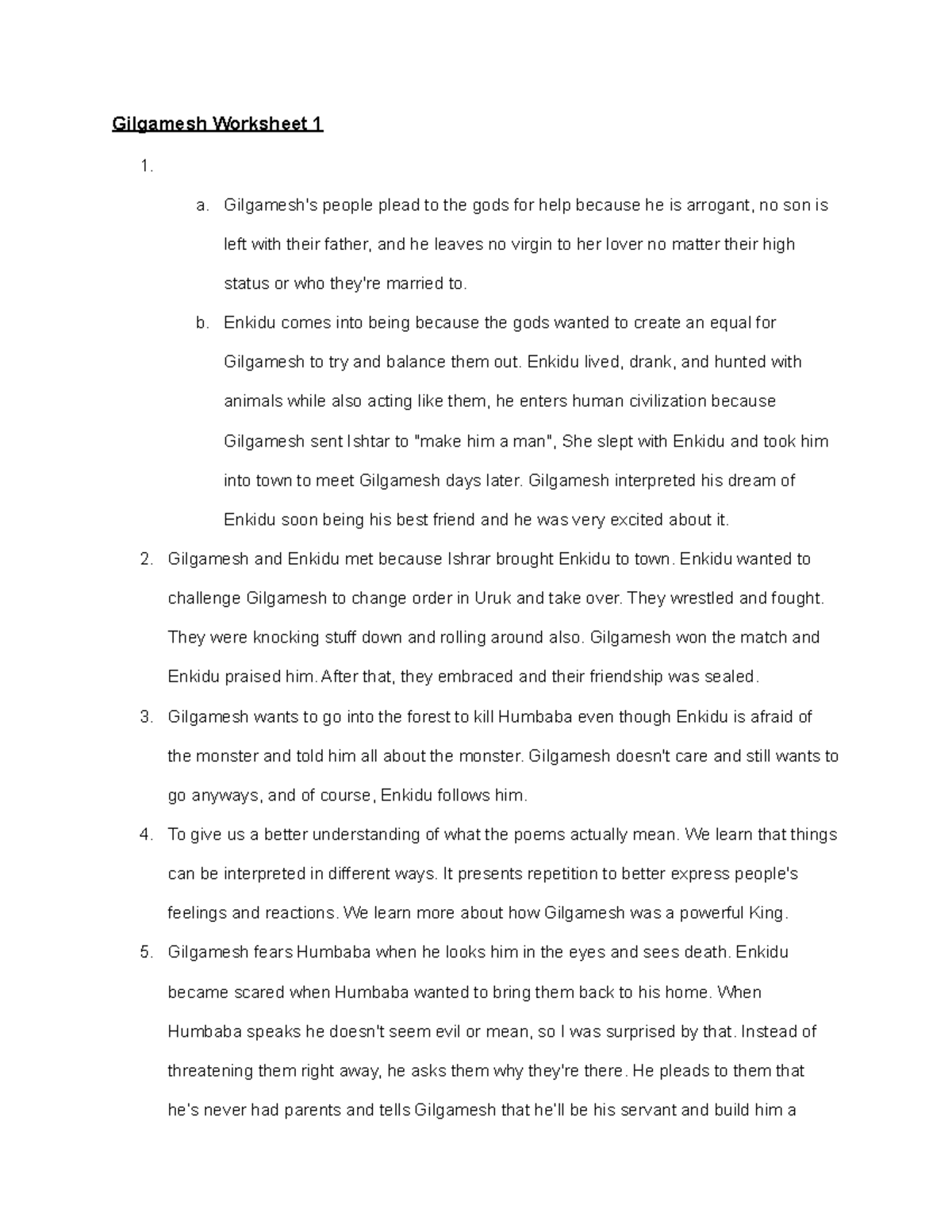 Gilgamesh Worksheet 1 - Teacher: Dr. Wood - Gilgamesh Worksheet 1 1. a ...