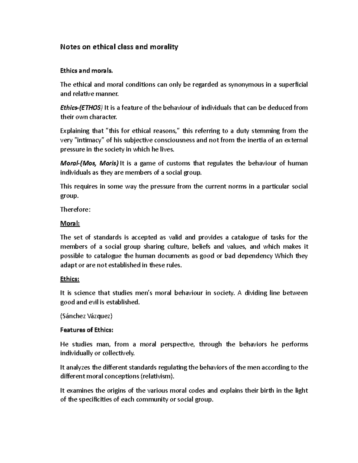 Notes on ethical class and morality - The ethical and moral conditions ...