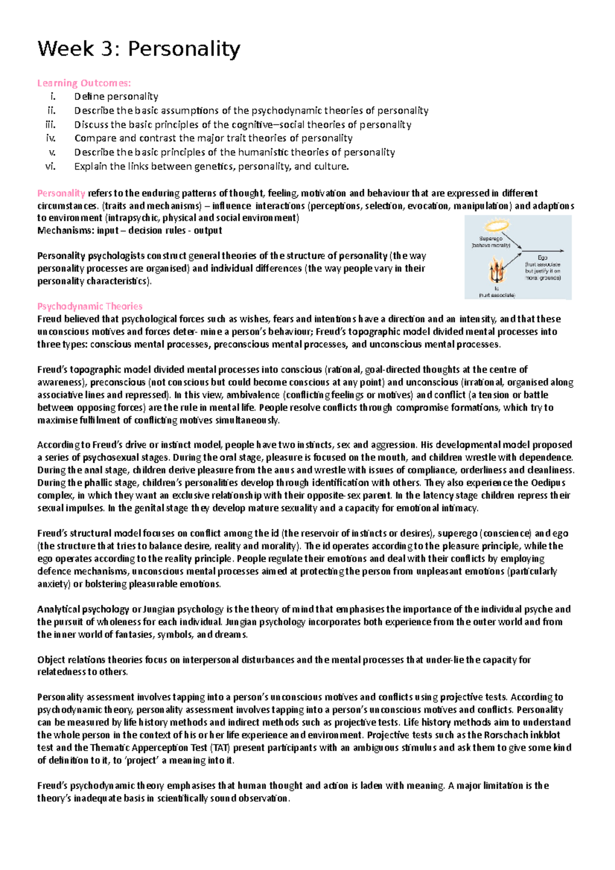 3 Personality - week 3 notes from textbook - Week 3: Personality ...