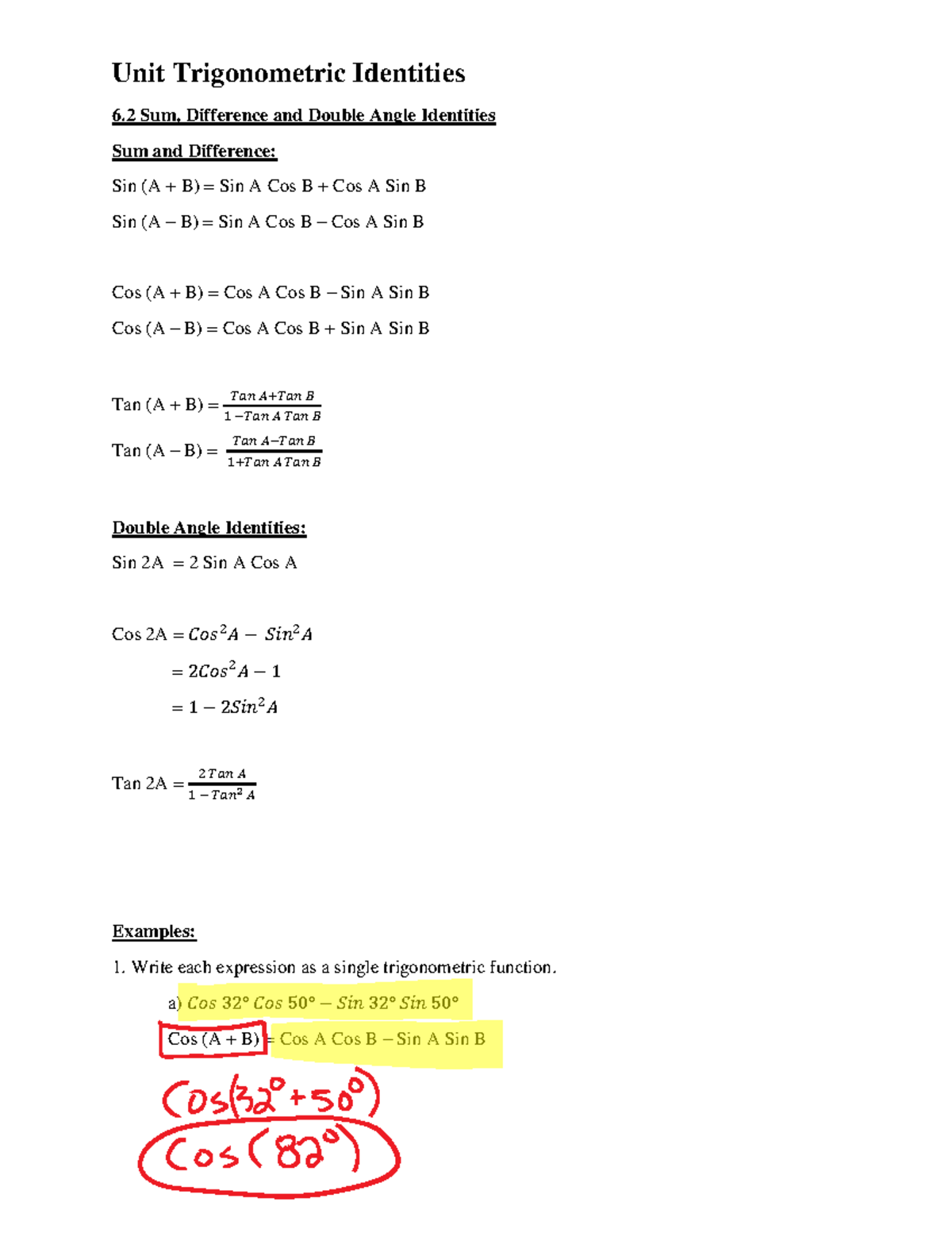 6.2 Sum, Difference and Double Angle Identities notes filled in - Unit ...
