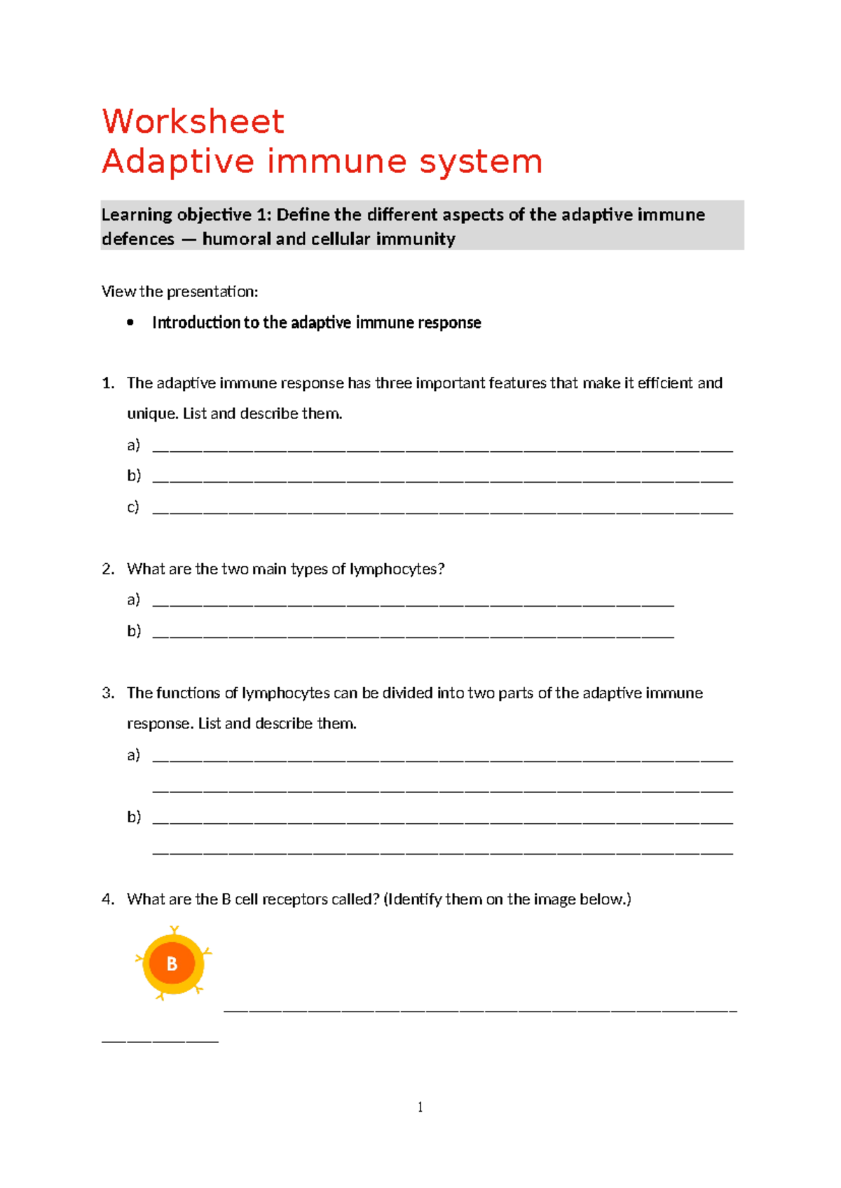 Adaptive immune system Worksheet - Worksheet Adaptive immune system ...