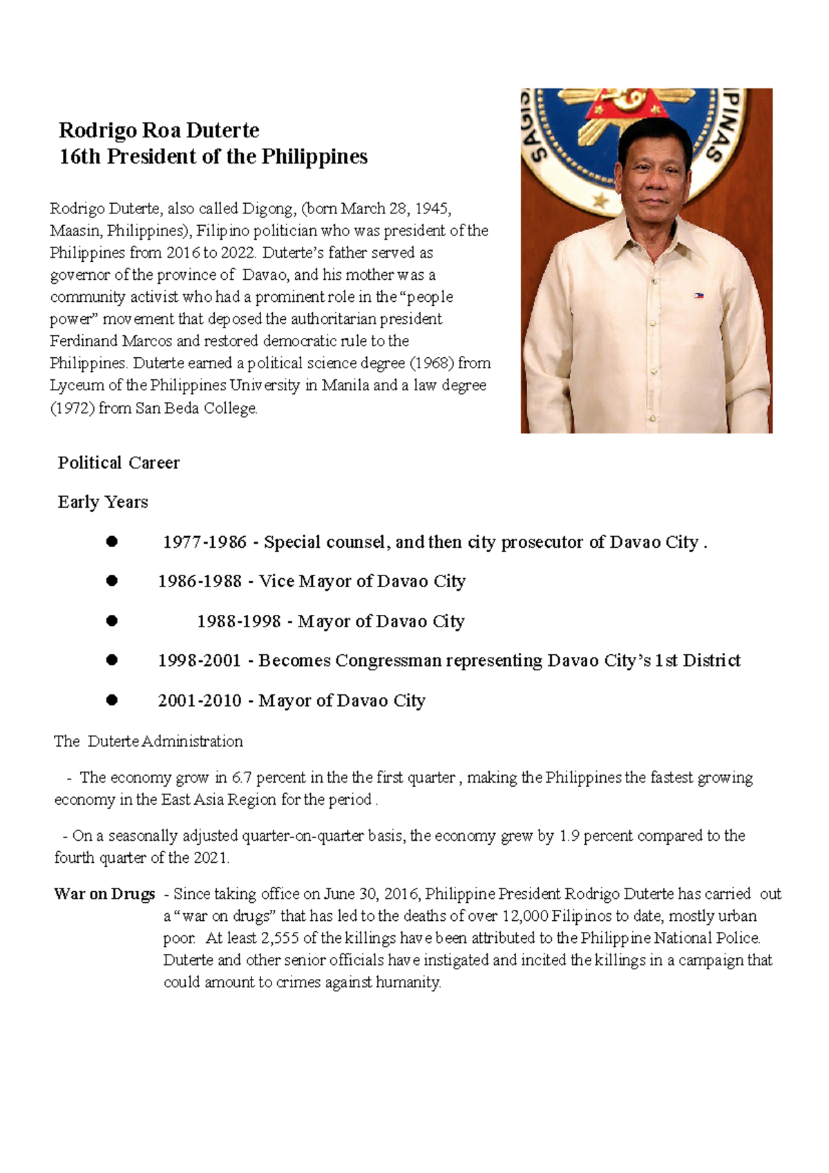 Duterte Administration 2017-2022 - The Duterte Administration - The ...