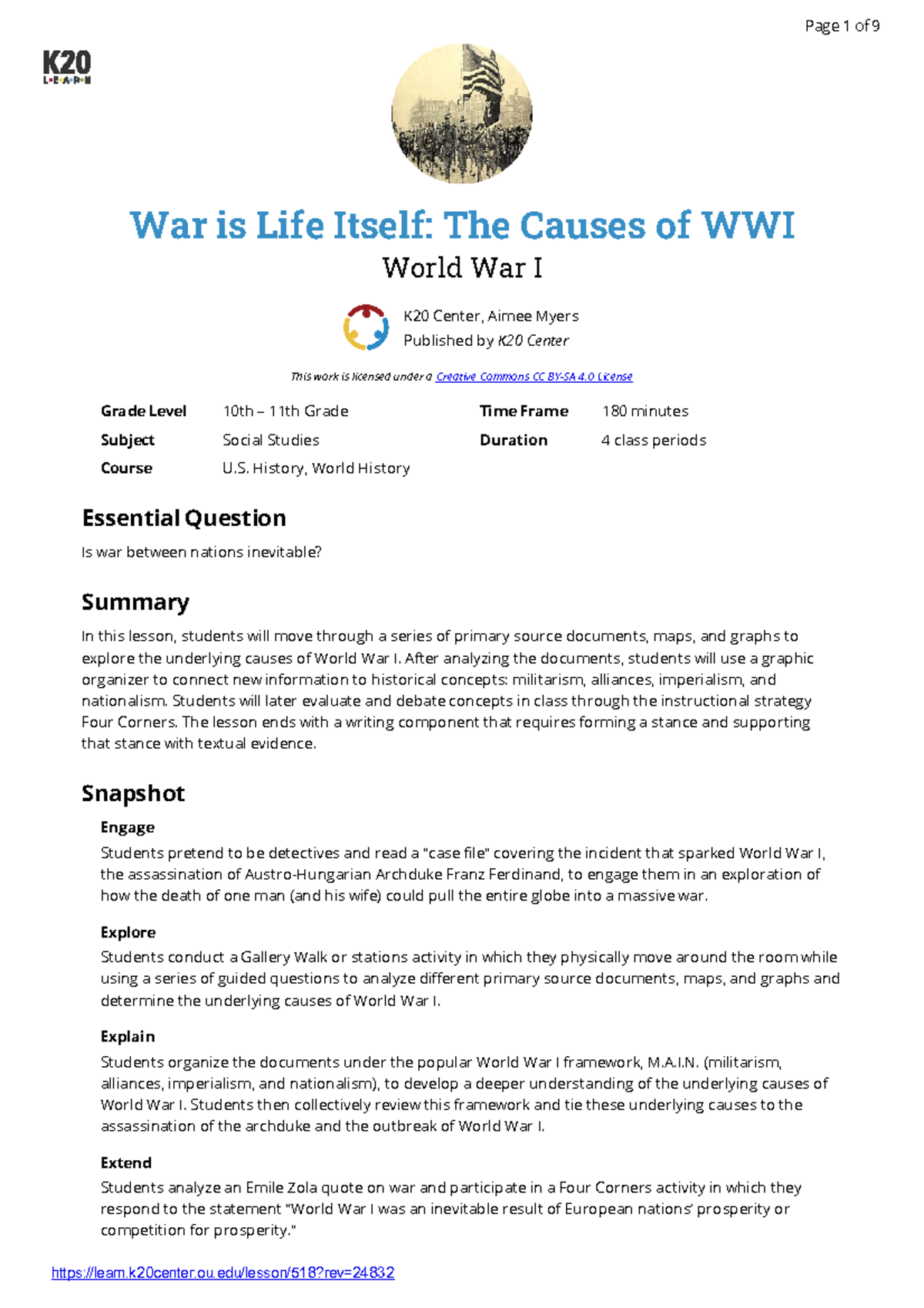 War is Life Itself The Causes of WWI - Grade Level 10th – 11th Grade ...