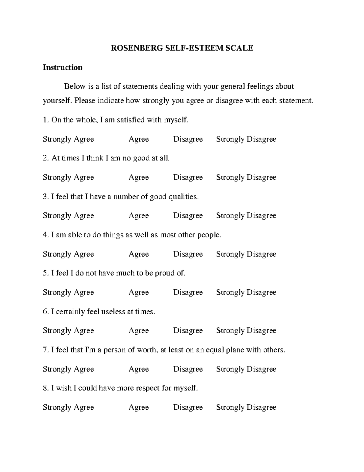 Rosenberg SELF- Esteem Scale - ROSENBERG SELF-ESTEEM SCALE Instruction ...