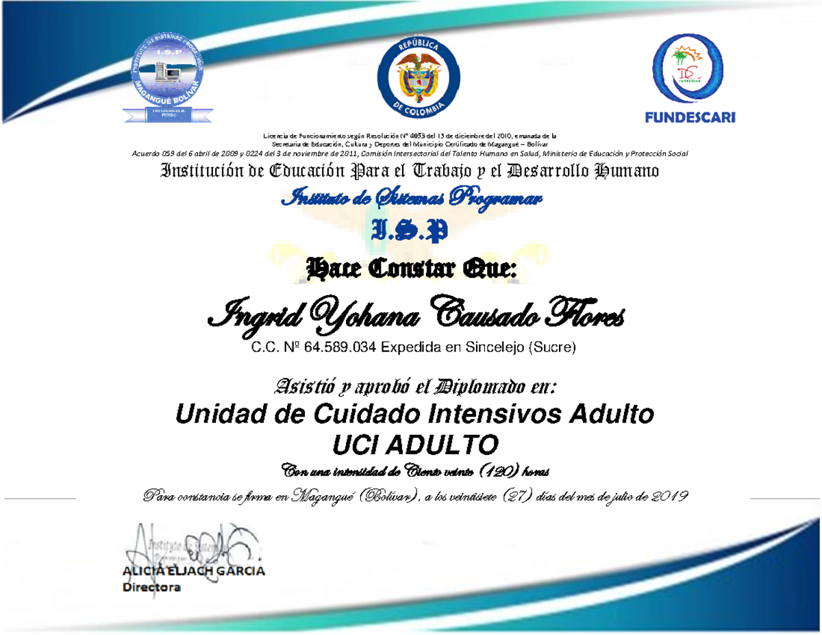Ingrid Yohana Causado Flores - UCI Adulto - Licencia de Funcionamiento según Resolución Nº 4053 ...