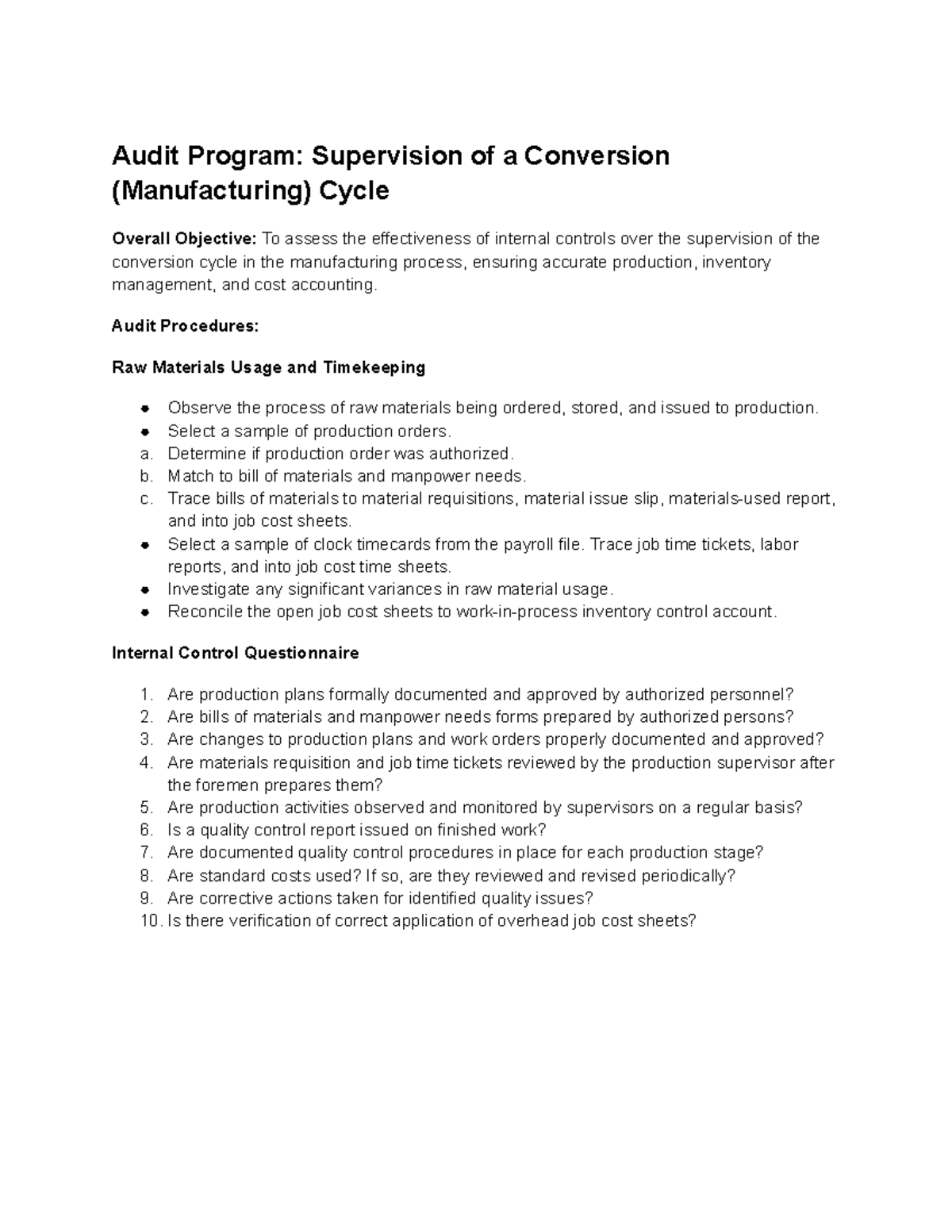 Audit- Program - Theory - Audit Program: Supervision of a Conversion (Manufacturing) Cycle ...