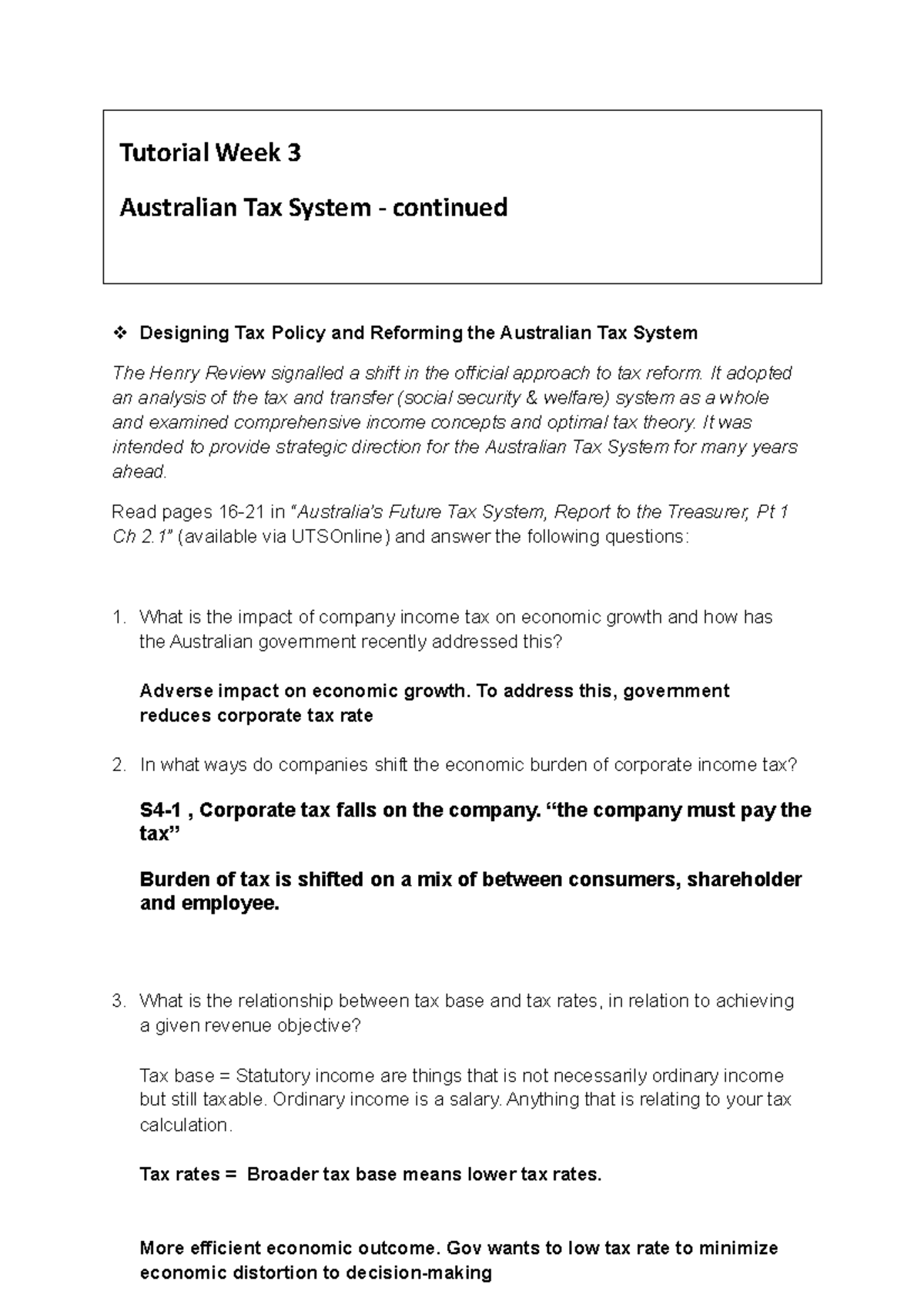 Week 3 Tutorial Questions - Designing Tax Policy and Reforming the ...