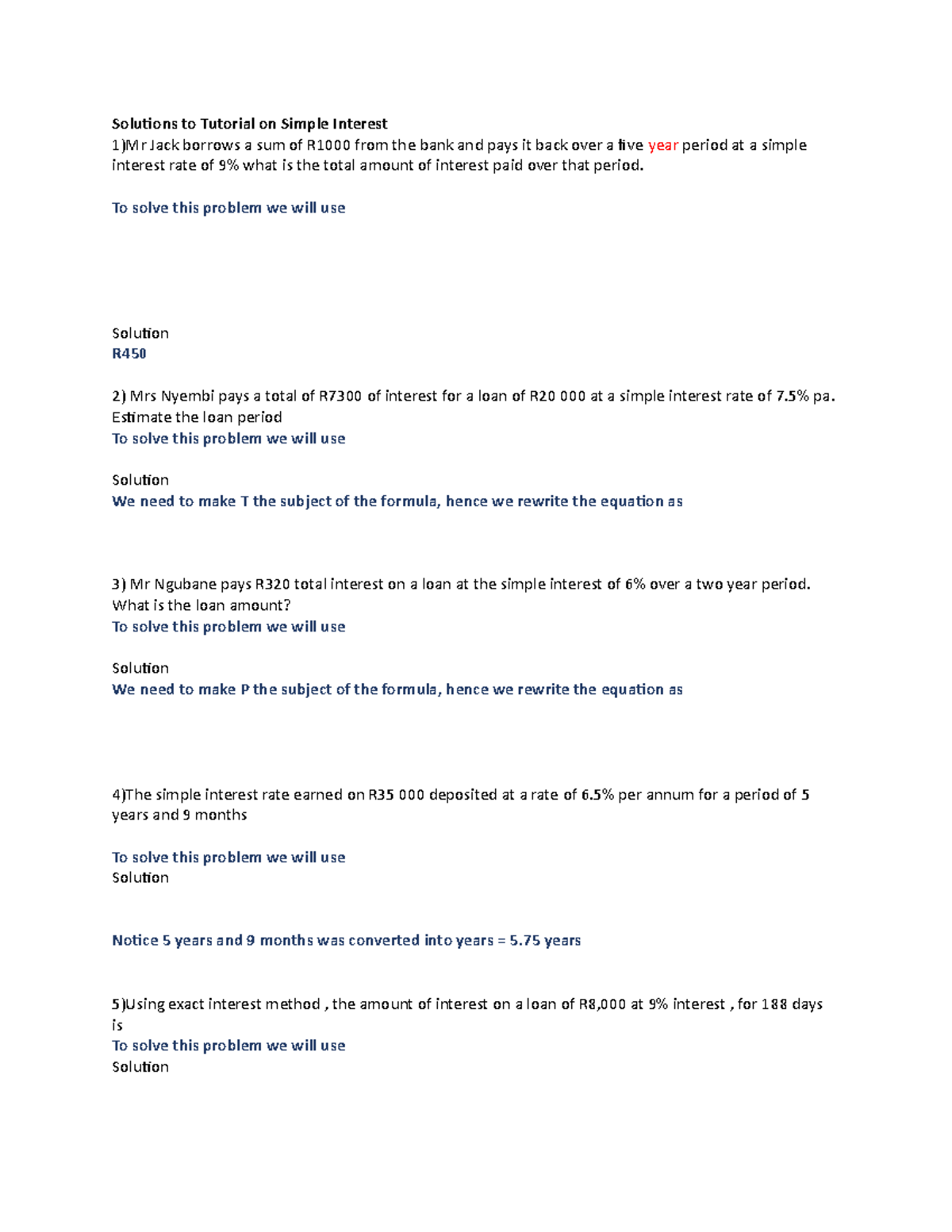 Tutorial Solutions to Simple Interest Rates - Solutions to Tutorial on ...
