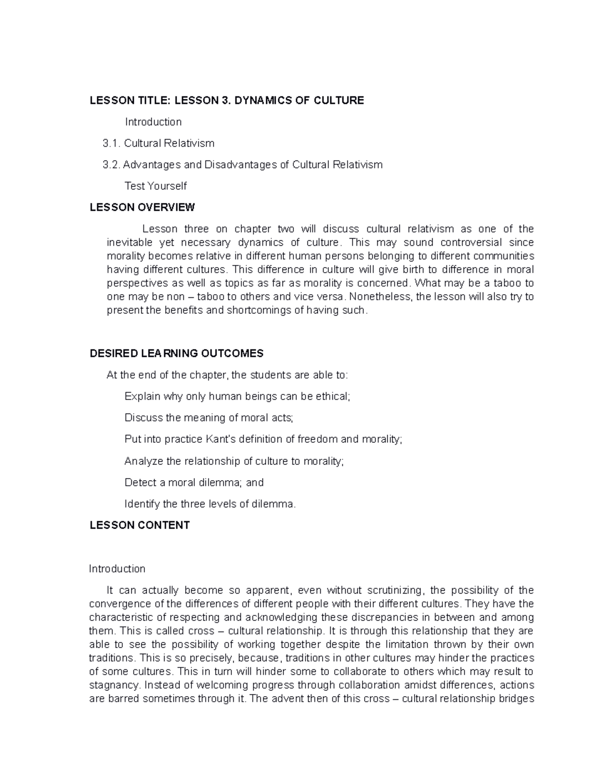 Ethics Chapter 2 Lesson 3 - LESSON TITLE: LESSON 3. DYNAMICS OF CULTURE ...