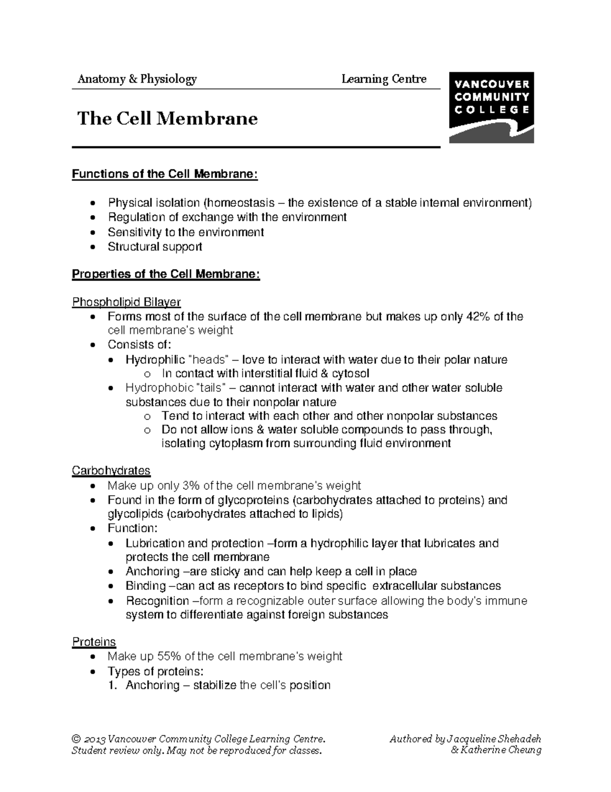 Cell Membrane - biology worksheet - © 2013 Vancouver Community College ...