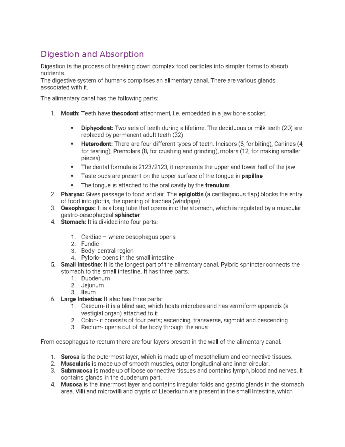 digestion Notes - Digestion and Absorption Digestion is the process of ...