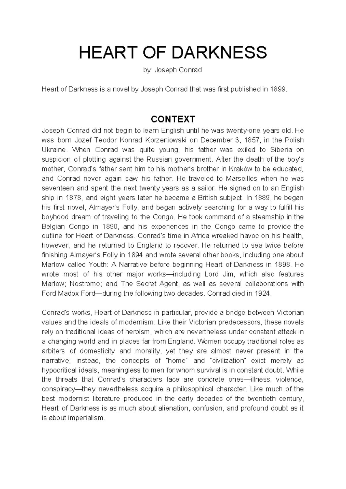 Apuntes Heart OF Darkness - HEART OF DARKNESS by: Joseph Conrad Heart ...