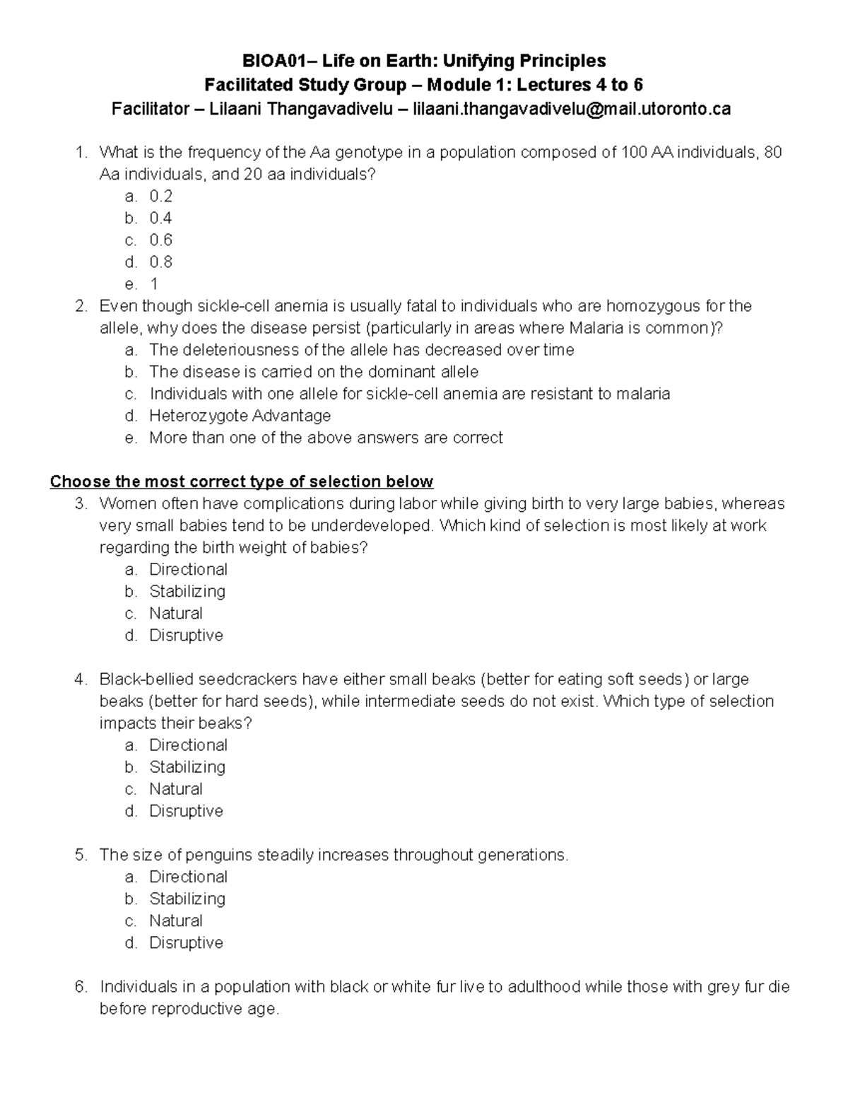FSG BIOA01 Module 1 Lectures 4 to 6 - BIOA01– Life on Earth: Unifying ...