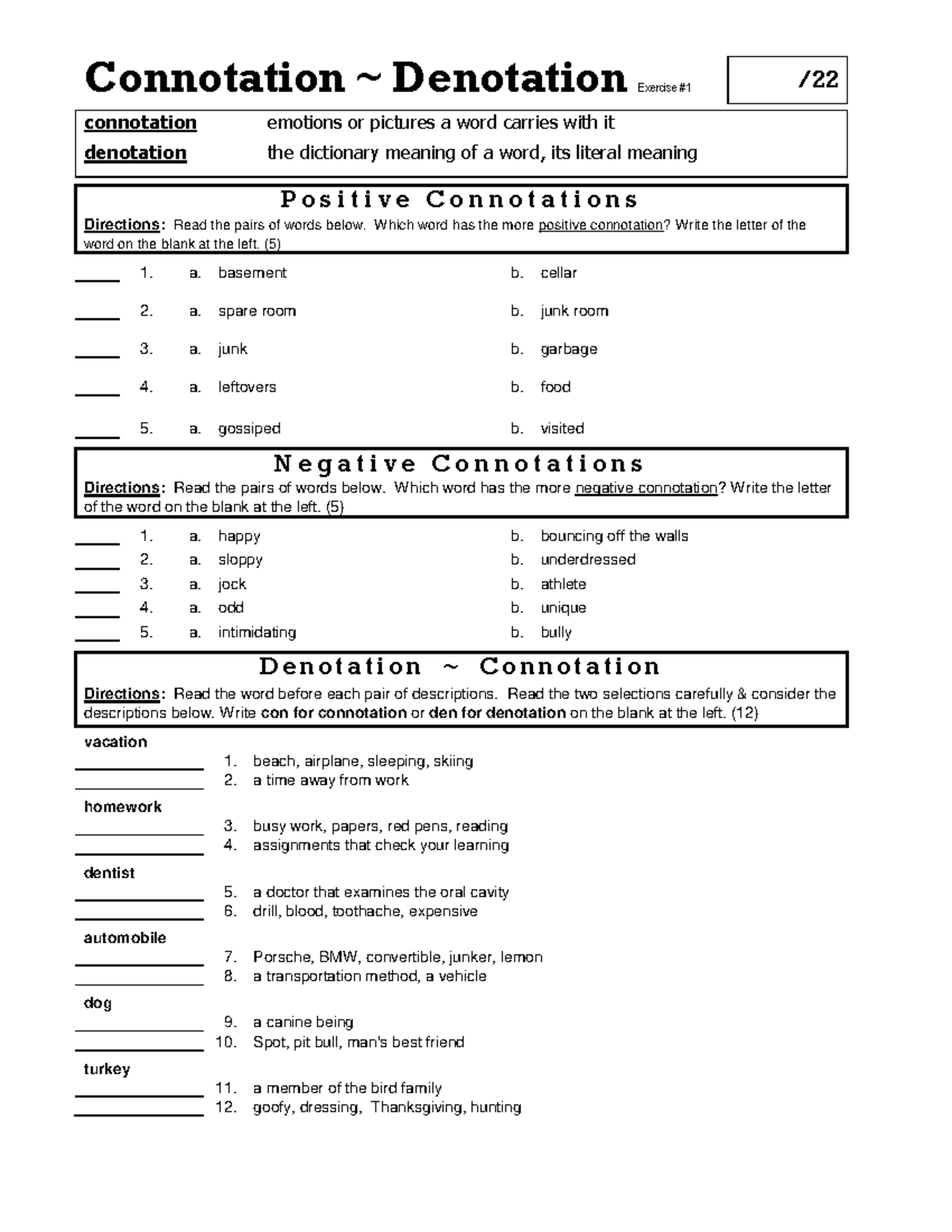 Connotation.denotation - Connotation ~ Denotation Exercise #1 / connotation emotions or pictures ...