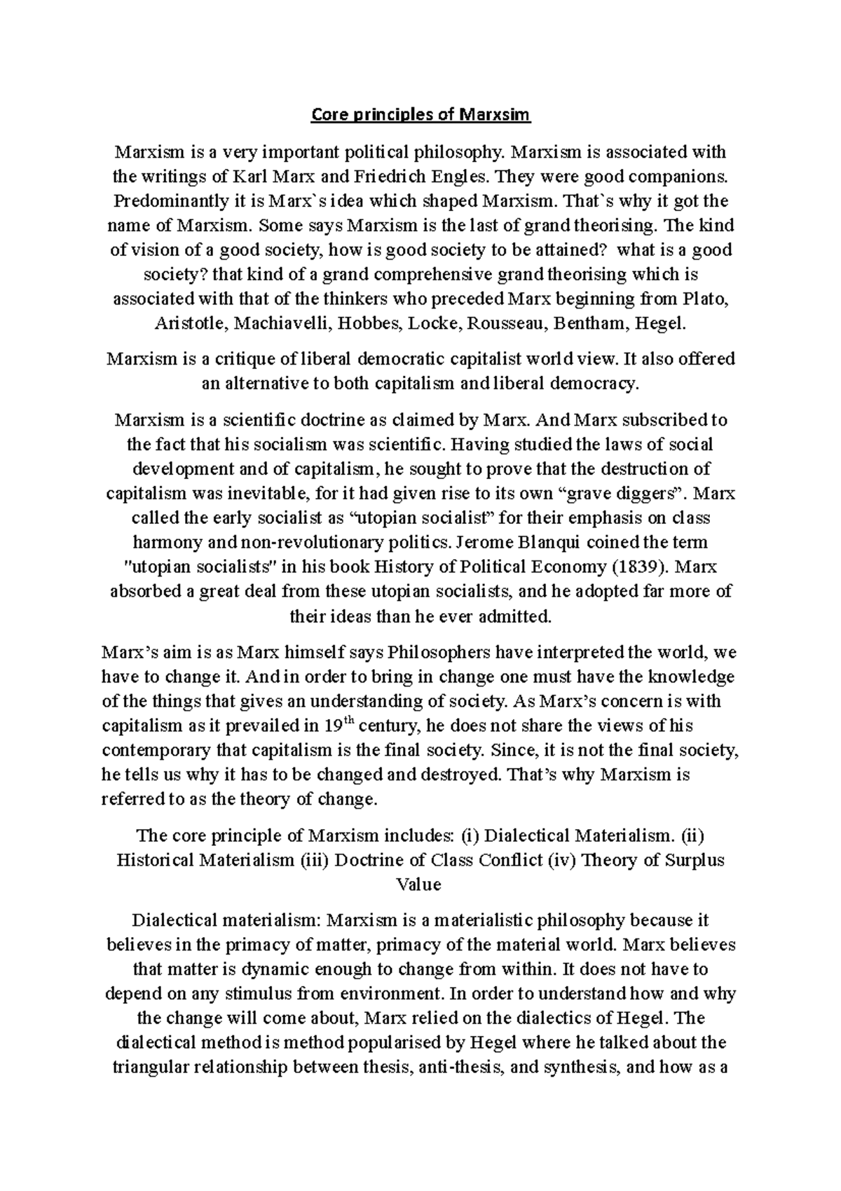 Marxism - Core principles of Marxsim Marxism is a very important ...