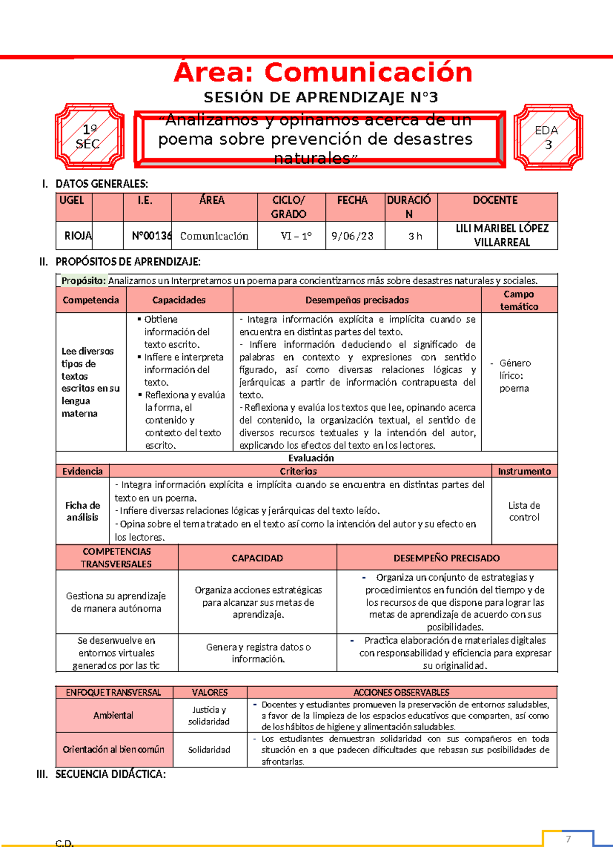 1° Sesión DE Aprendizaje Sesión 3-SEM - 7 SESIÓN DE APRENDIZAJE N° I. DATOS GENERALES: UGEL I ...