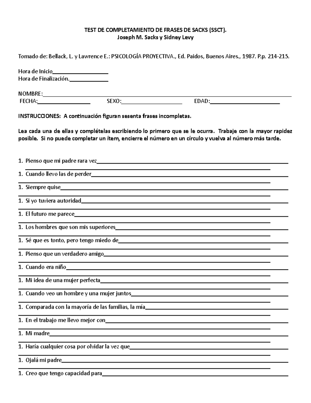 Protocolos Sacks - Maria Alcanzar - TEST DE COMPLETAMIENTO DE FRASES DE ...