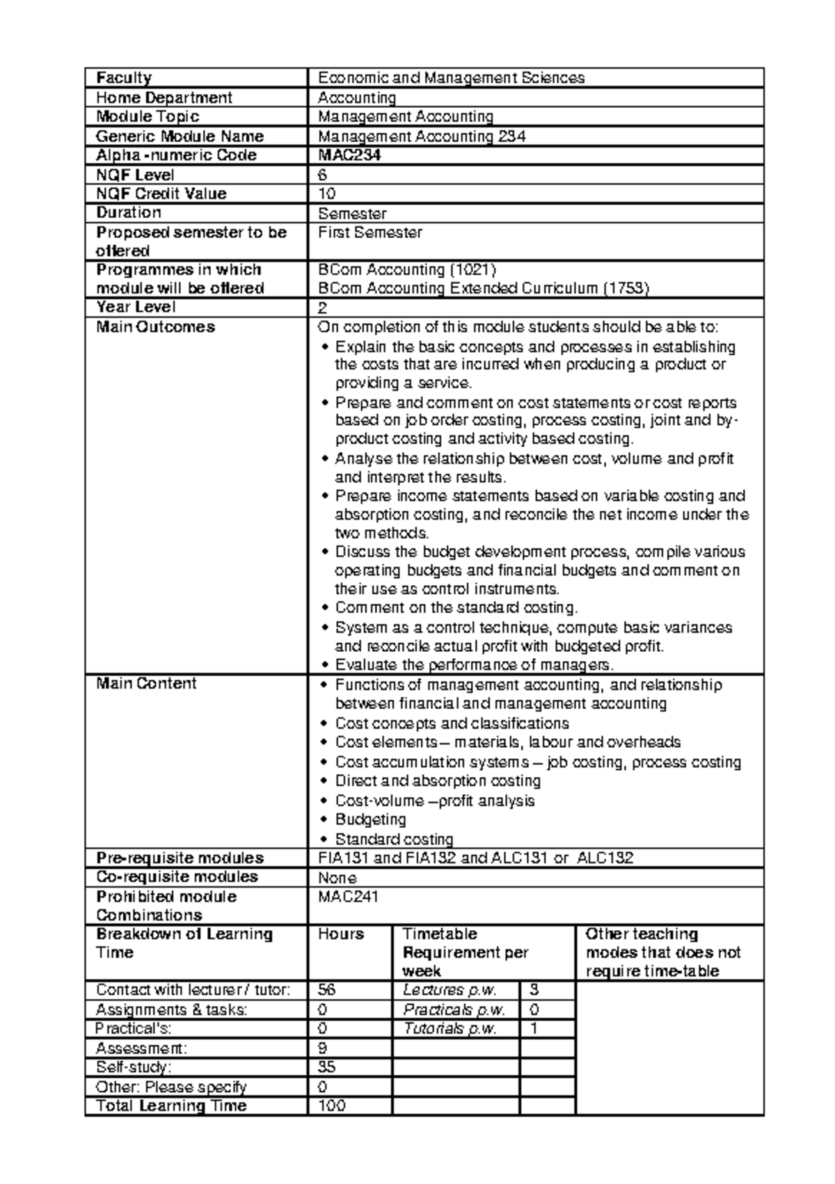 S1 Management Accounting 234 Overview - Faculty Economic and Management ...