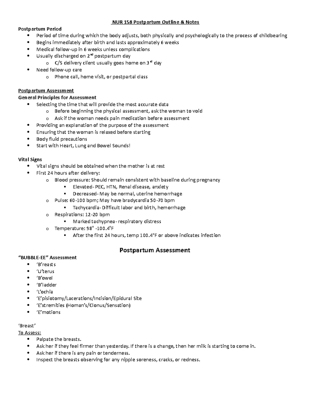 158 Postpartum Outline & Notes - NUR 158 Postpartum Outline & Notes ...
