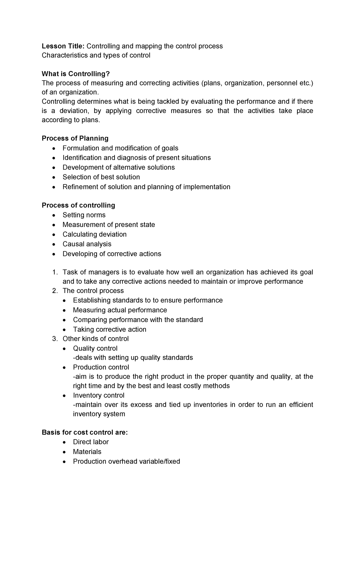 Controlling and mapping the control process - Lesson Title: Controlling ...
