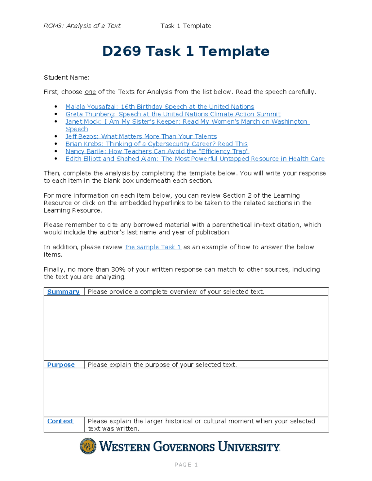 Task 1 Template - RGM3: Analysis of a Text Task 1 Template D269 Task 1 ...