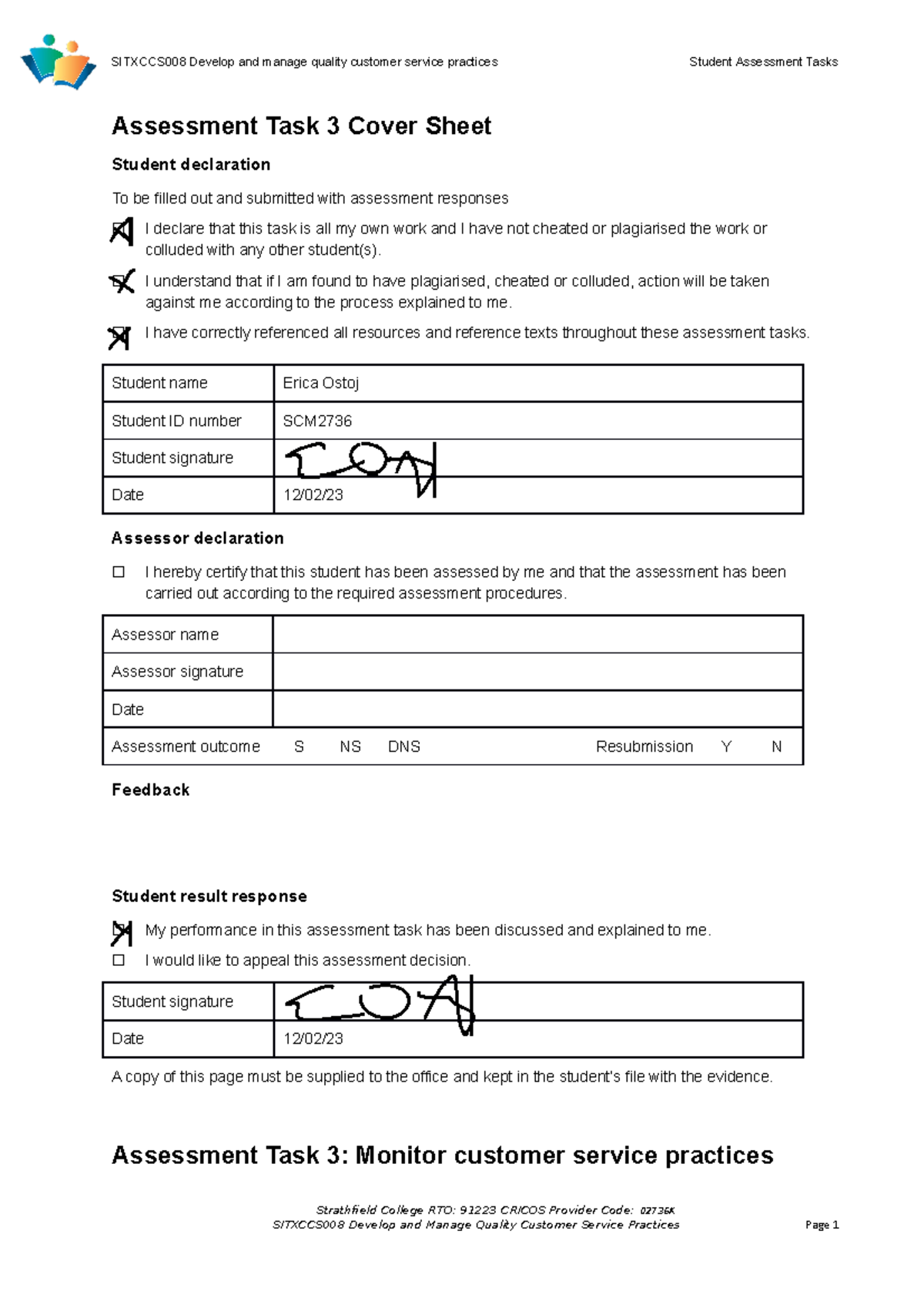 SITXCCS008 Assessment Task 3 - Assessment Task 3 Cover Sheet Student declaration To be filled ...