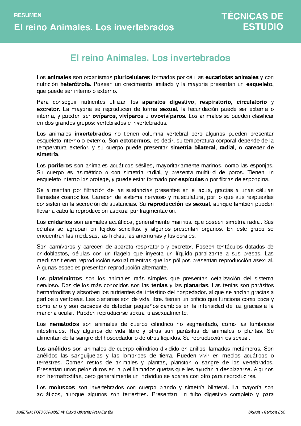 Biologia 1º ESO Geniox Tema Invertebrados - RESUMEN El reino Animales. Los invertebrados ...