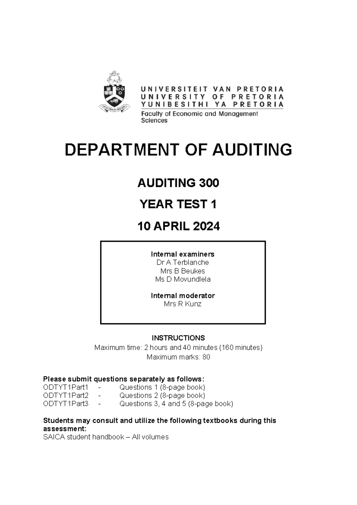 YEAR TEST 1 2024 - DEPARTMENT OF AUDITING AUDITING 300 YEAR TEST 1 10 ...